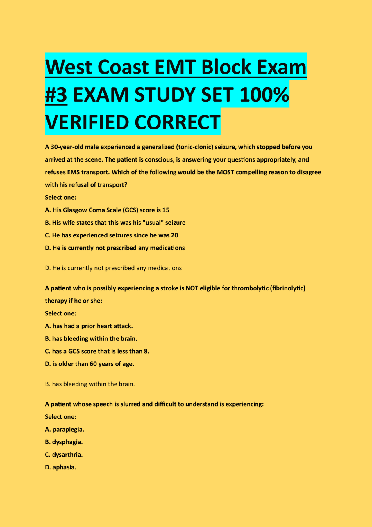 West Coast EMT Block Exam #3 EXAM STUDY SET 100% VERIFIED CORRECT ...