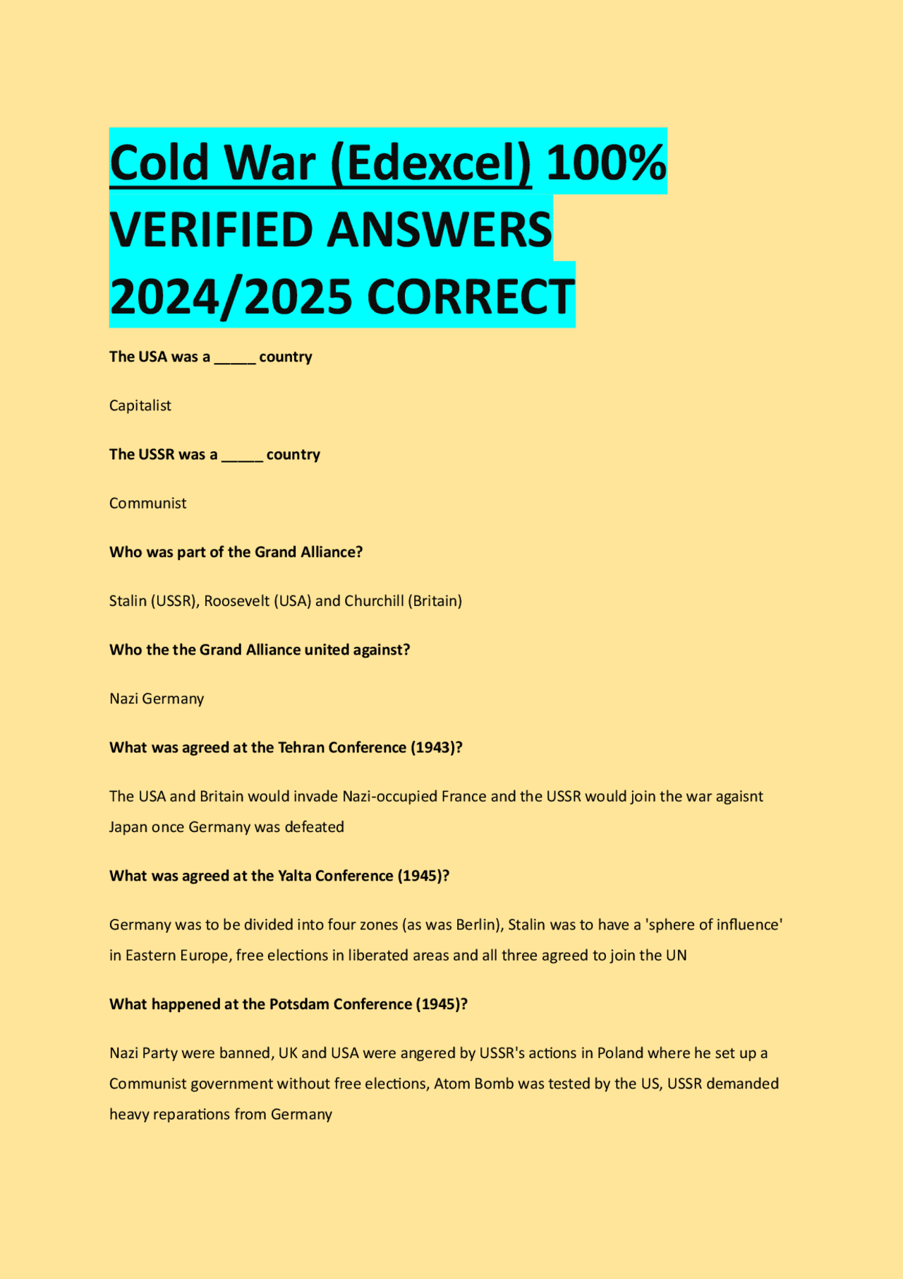 Cold War (Edexcel) 100% VERIFIED ANSWERS 2024/2025 CORRECT | Exams ...