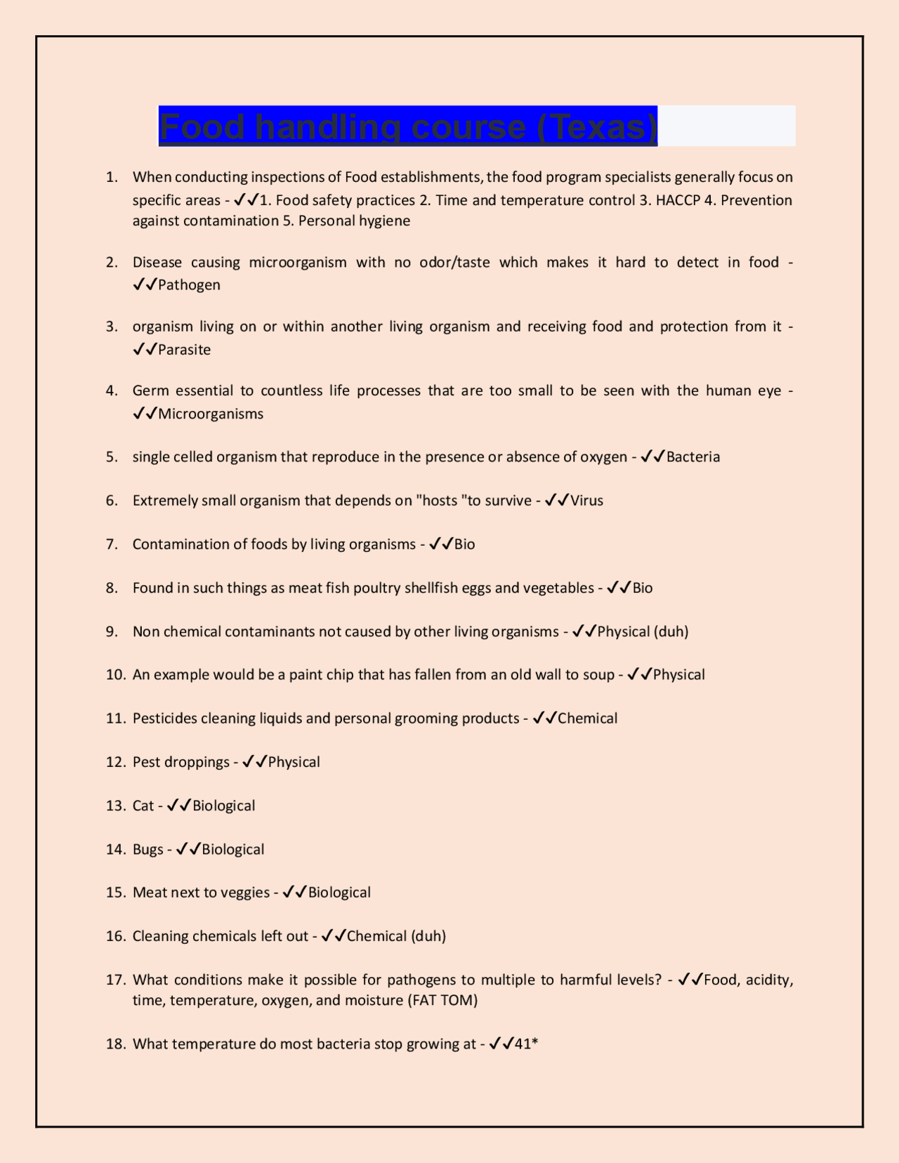 Food handling course (Texas) with 100% correct Answers | Exams Food ...