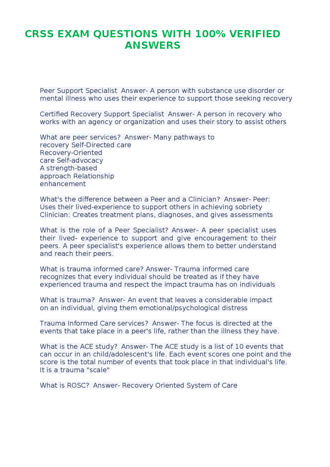 CRSS EXAM QUESTIONS WITH 100% VERIFIED ANSWERS | Exams Nursing | Docsity