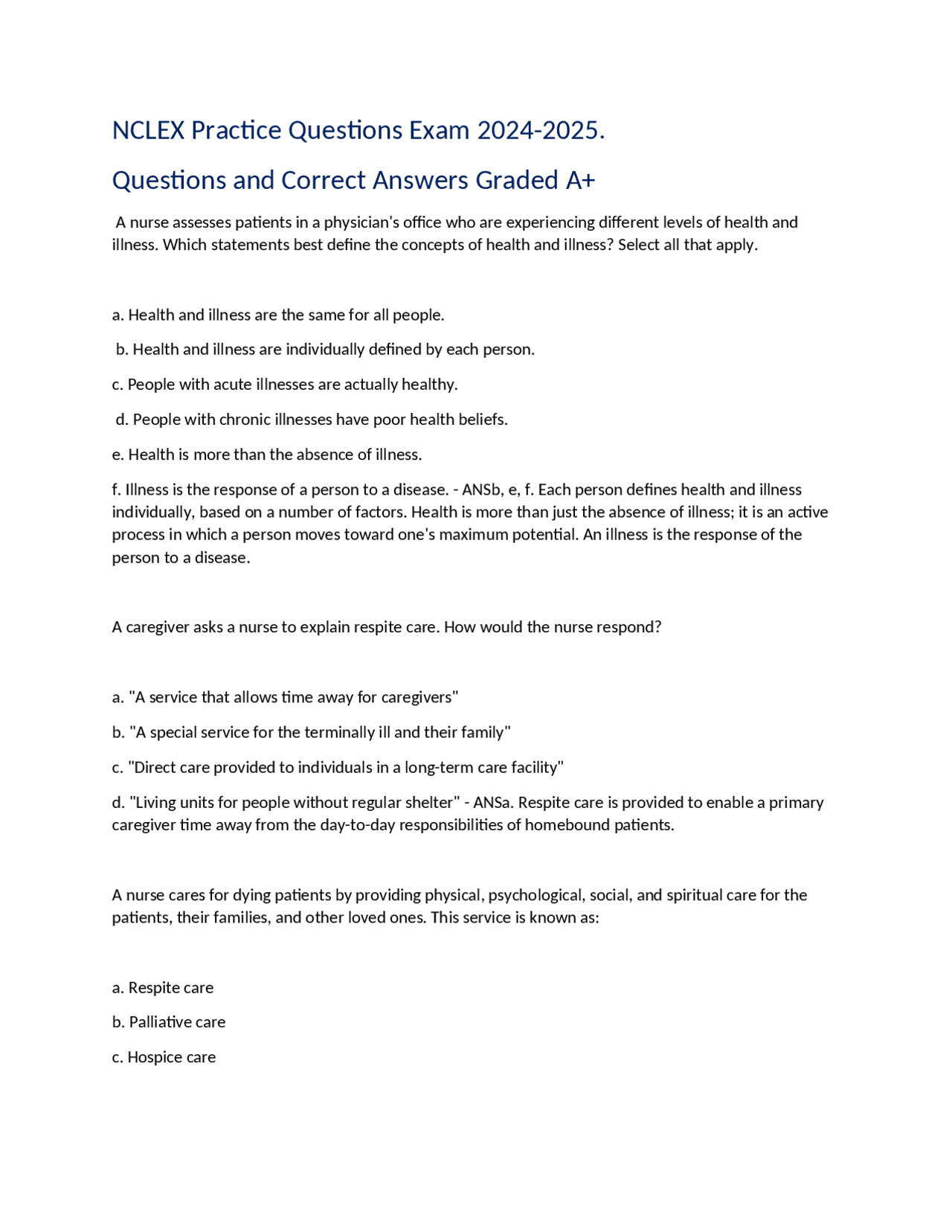 NCLEX Practice Questions Exam 2024-2025. Questions and Correct Answers ...