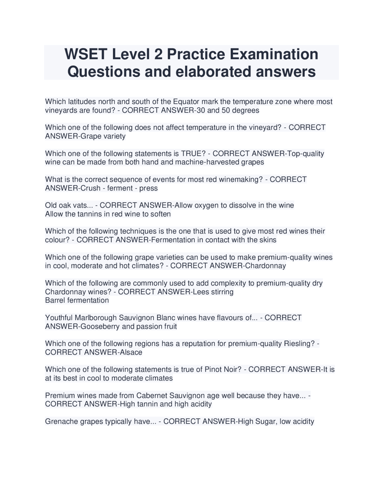 WSET Level 2 Practice Examination Questions and elaborated answers ...