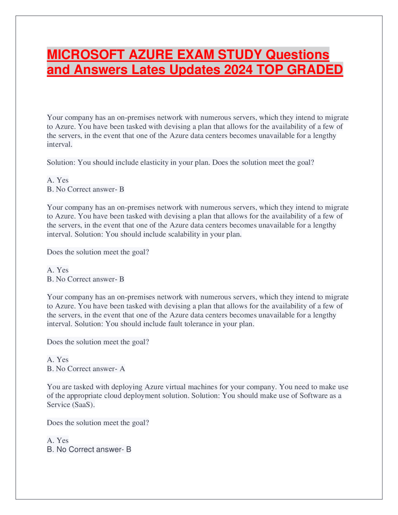 MICROSOFT AZURE EXAM STUDY Questions and Answers Lates Updates 2024 TOP ...
