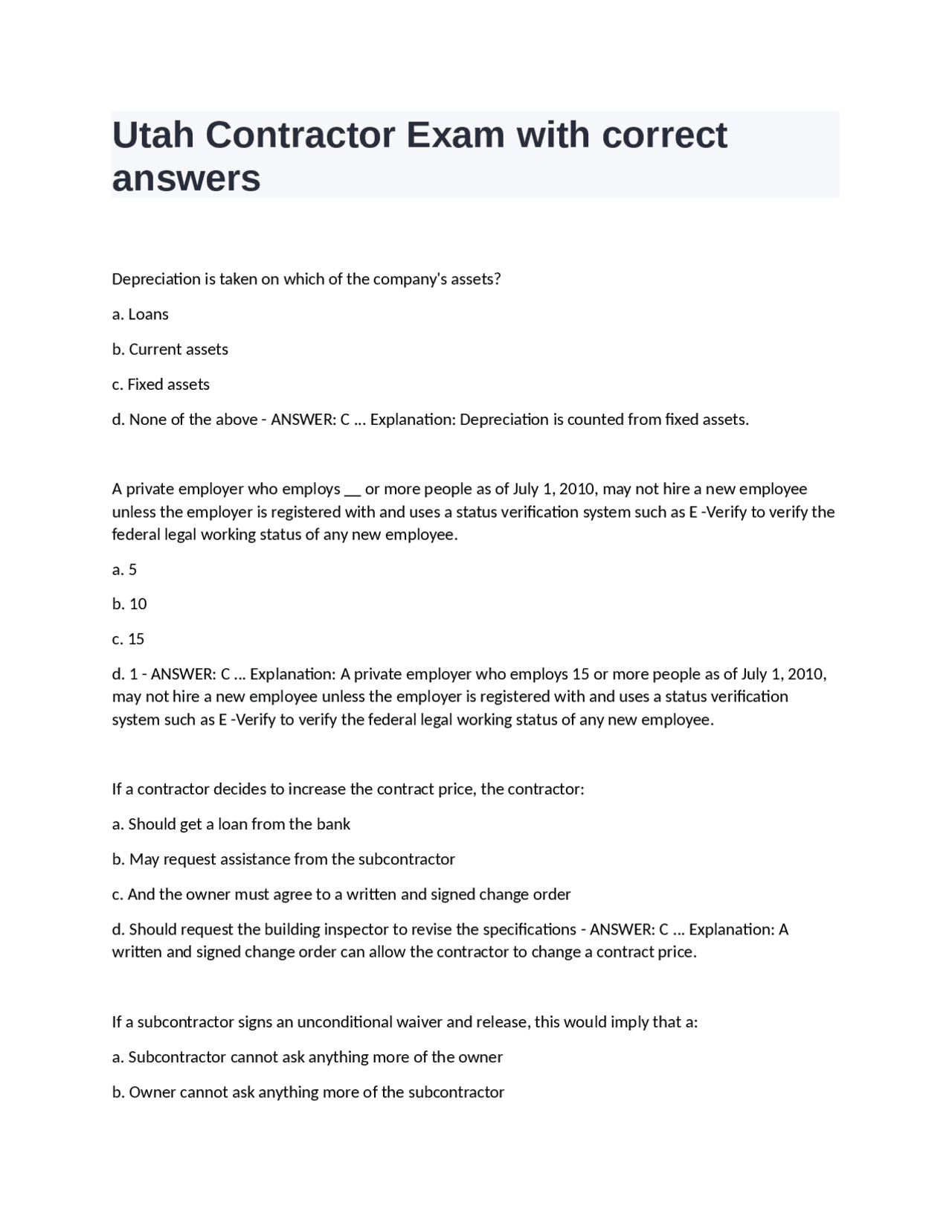 Utah Contractor Exam with correct answers | Exams Contract Law | Docsity