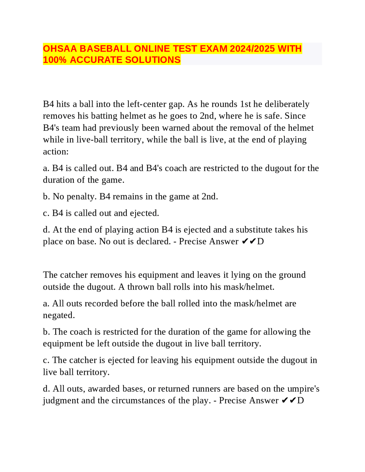 OHSAA BASEBALL ONLINE TEST EXAM 2024/2025 WITH 100% ACCURATE SOLUTIONS ...