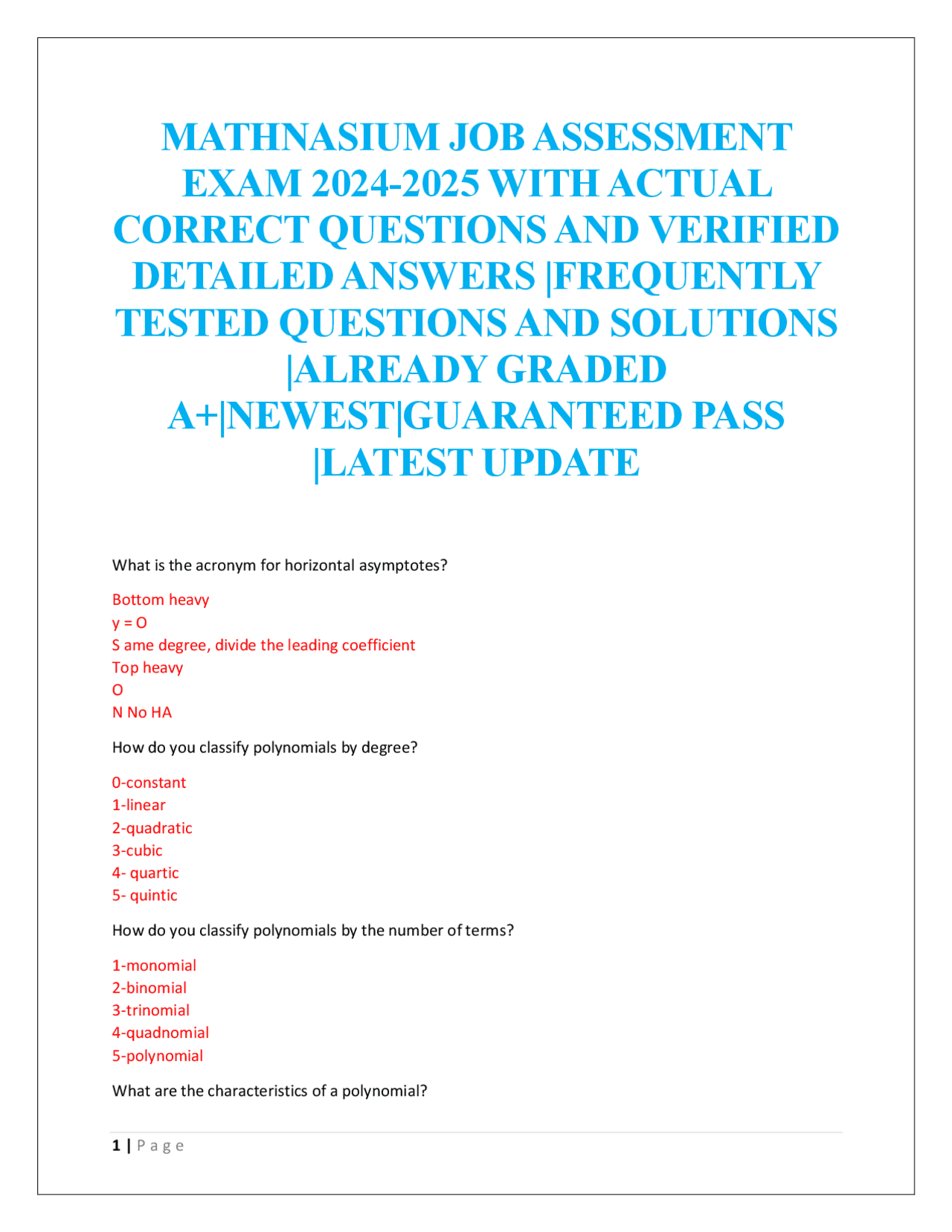 MATHNASIUM JOB ASSESSMENT EXAM | Exams Nursing | Docsity