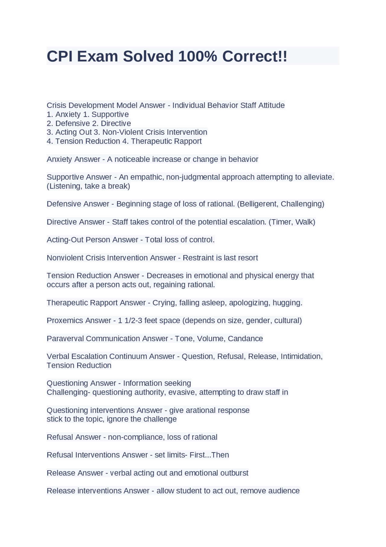 CPI Exam Solved 100% Correct!!. | Exams Nursing | Docsity