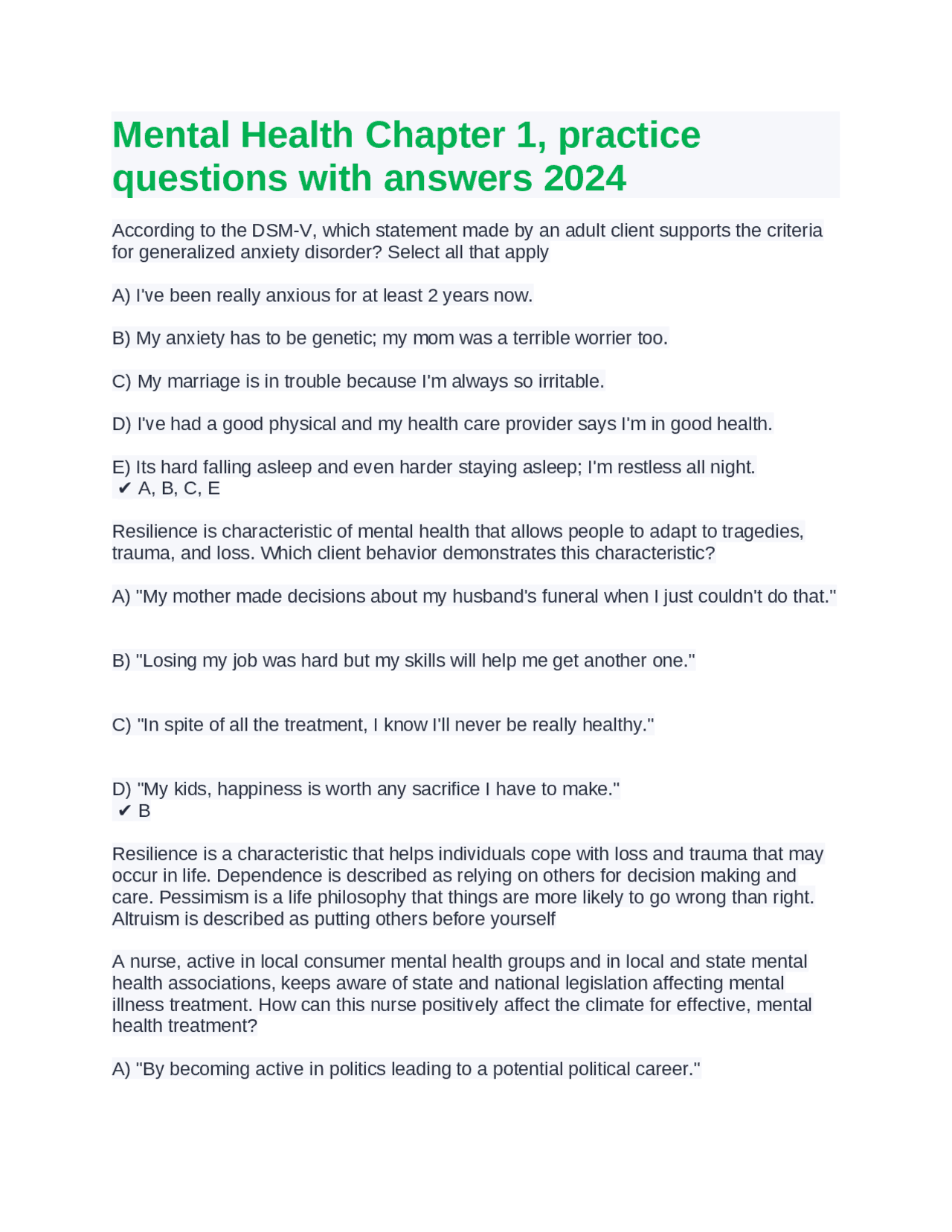 Mental Health Chapter 1, practice questions with answers 2024 | Exams ...