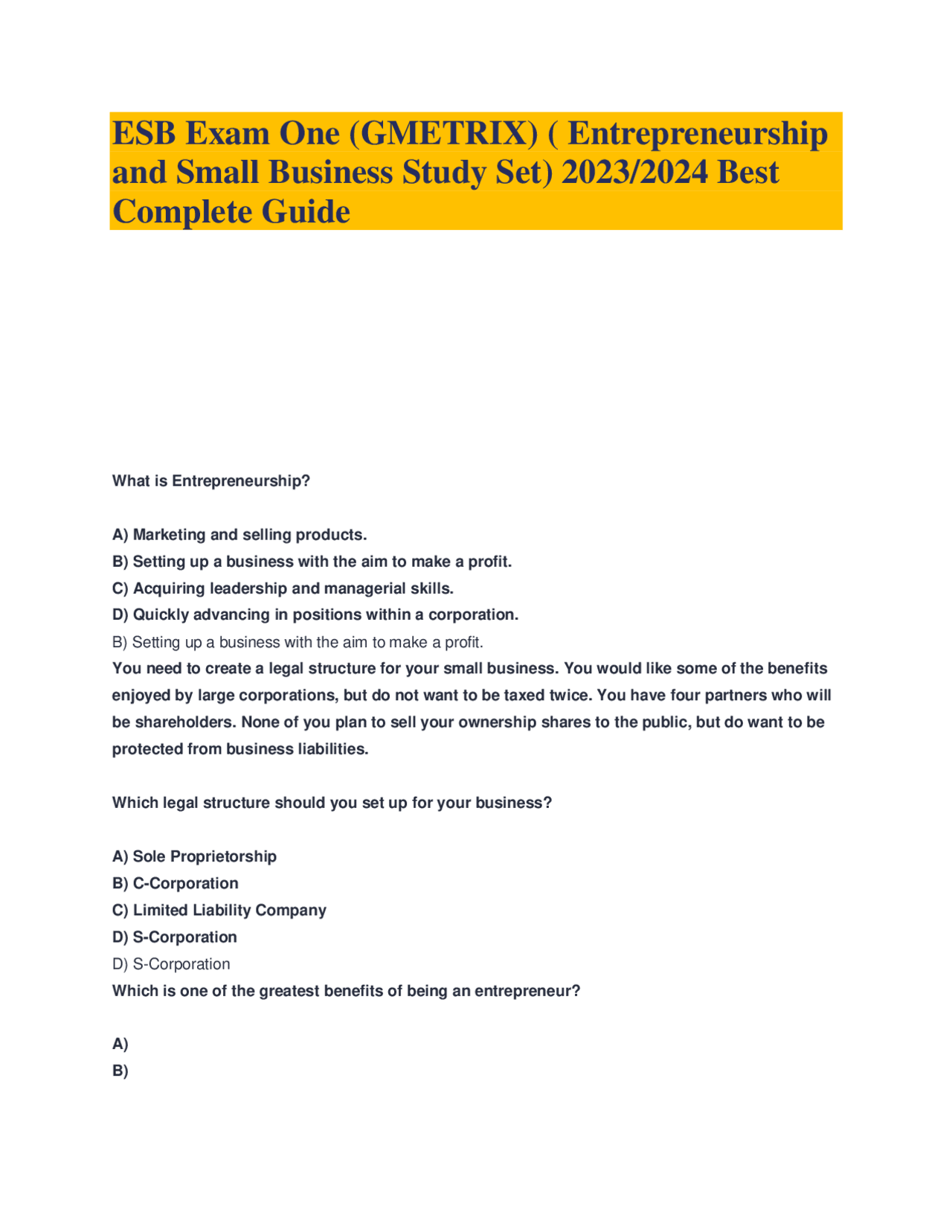 ESB Exam One (GMETRIX) ( Entrepreneurship and Small Business Study Set ...