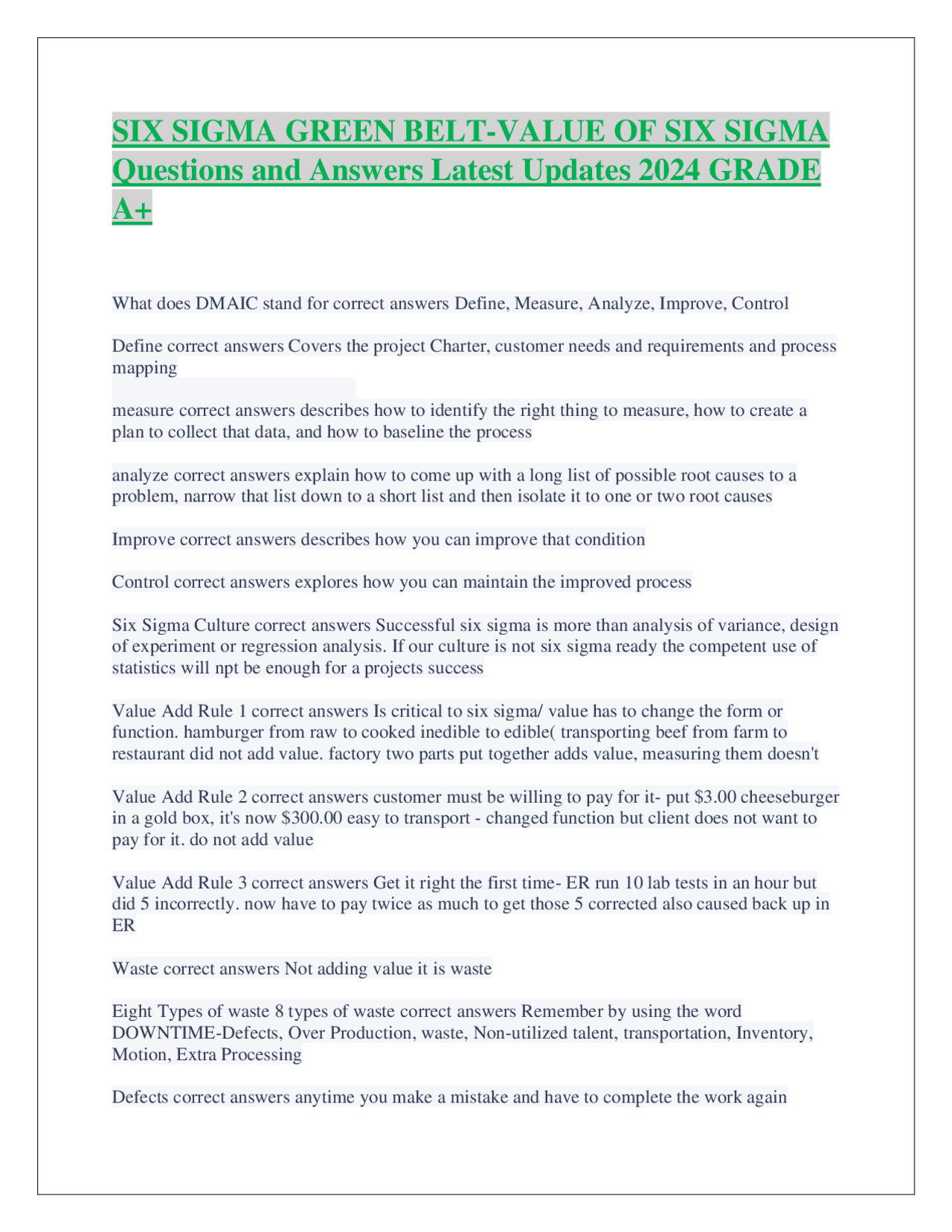 SIX SIGMA GREEN BELT-VALUE OF SIX SIGMA Questions and Answers Latest ...