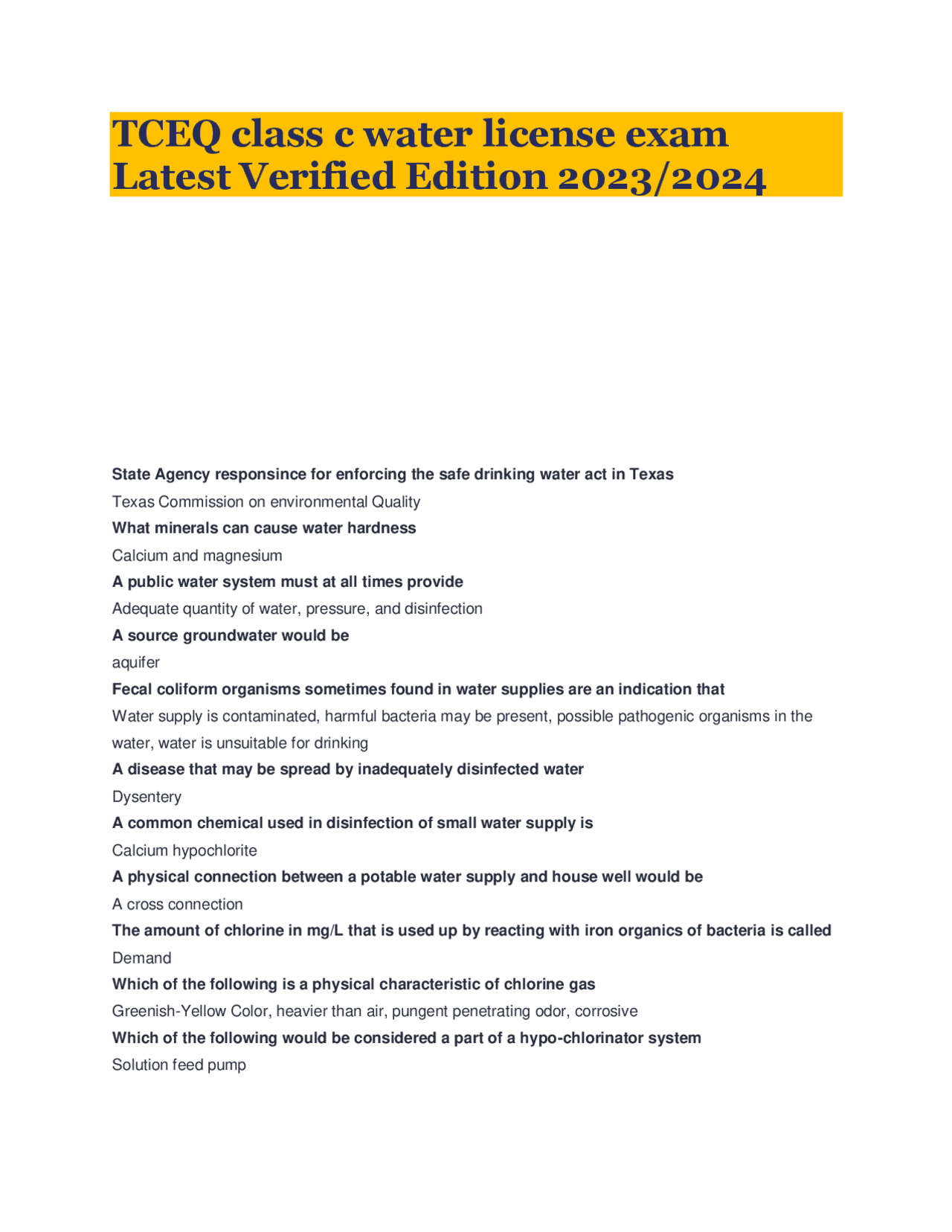 TCEQ class c water license exam Latest Verified Edition 2023/2024 ...
