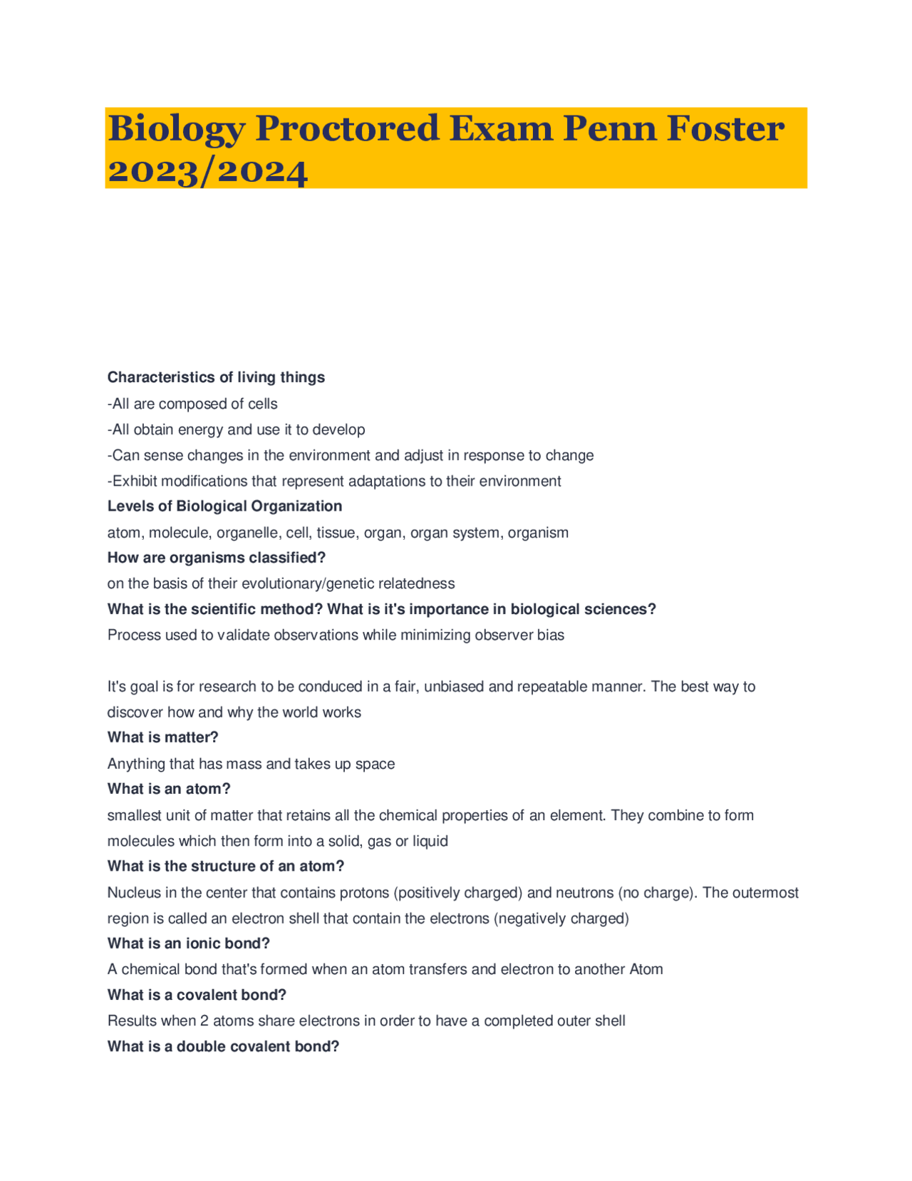 Biology Proctored Exam Penn Foster 2023/2024 | Exams Biology | Docsity