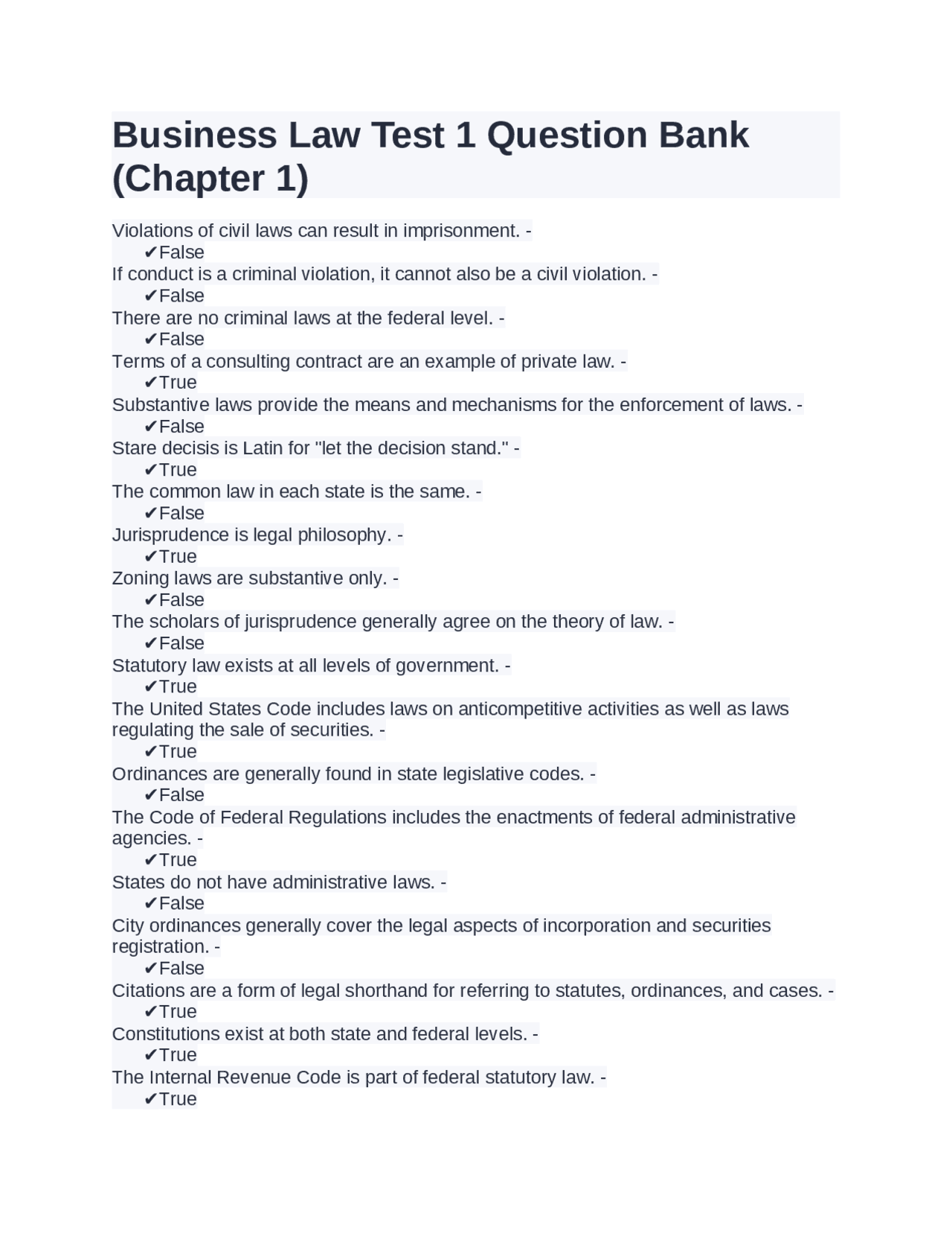 Business Law Test 1 Question Bank (Chapter 1) | Exams Law | Docsity