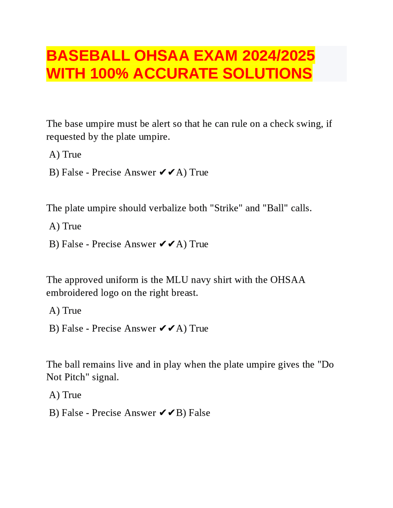 BASEBALL OHSAA EXAM 2024/2025 WITH 100% ACCURATE SOLUTIONS | Exams ...