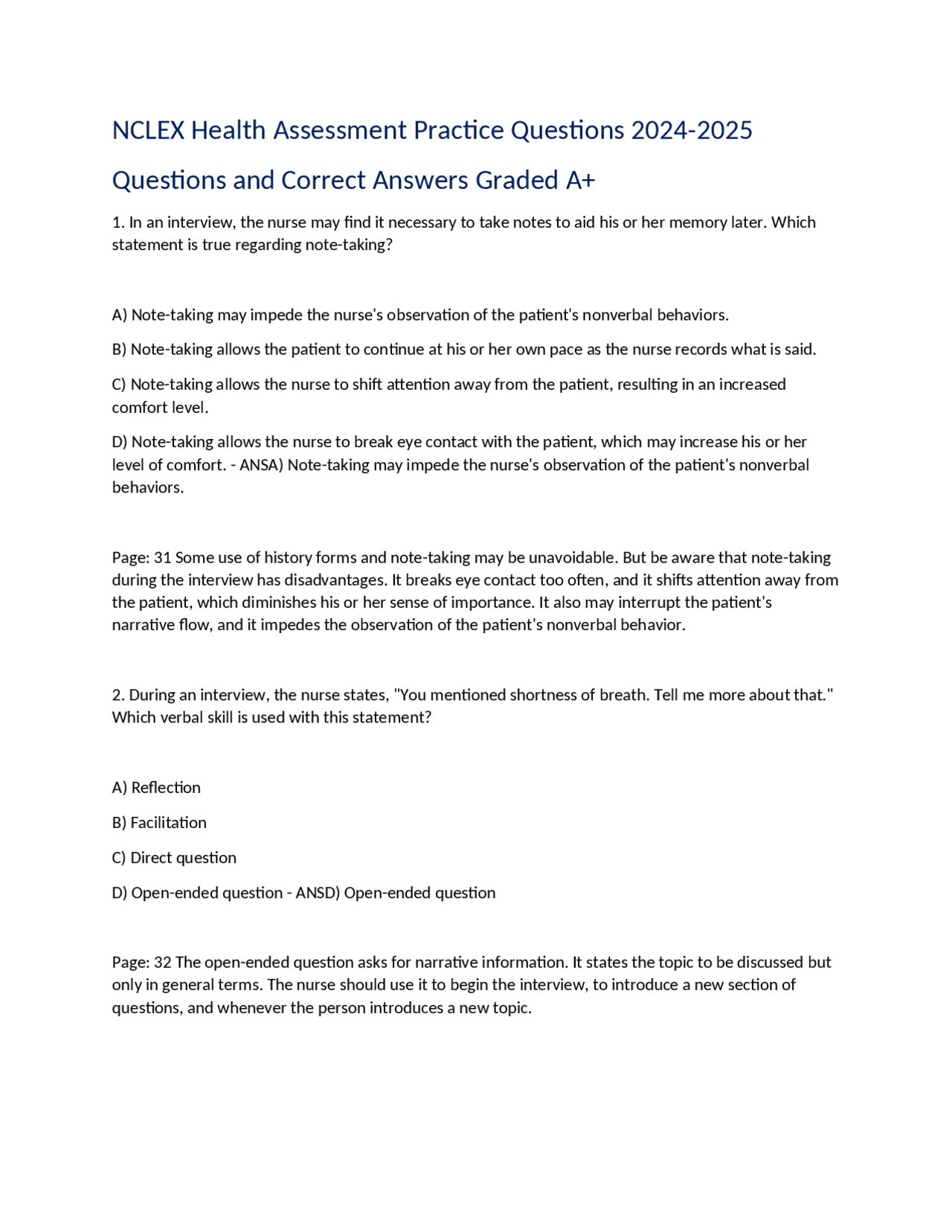 NCLEX Health Assessment Practice Questions 2024-2025 Questions and ...