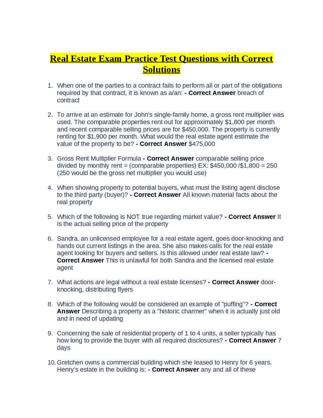 Real Estate Exam Practice Test Questions with Correct Solutions | Exams ...