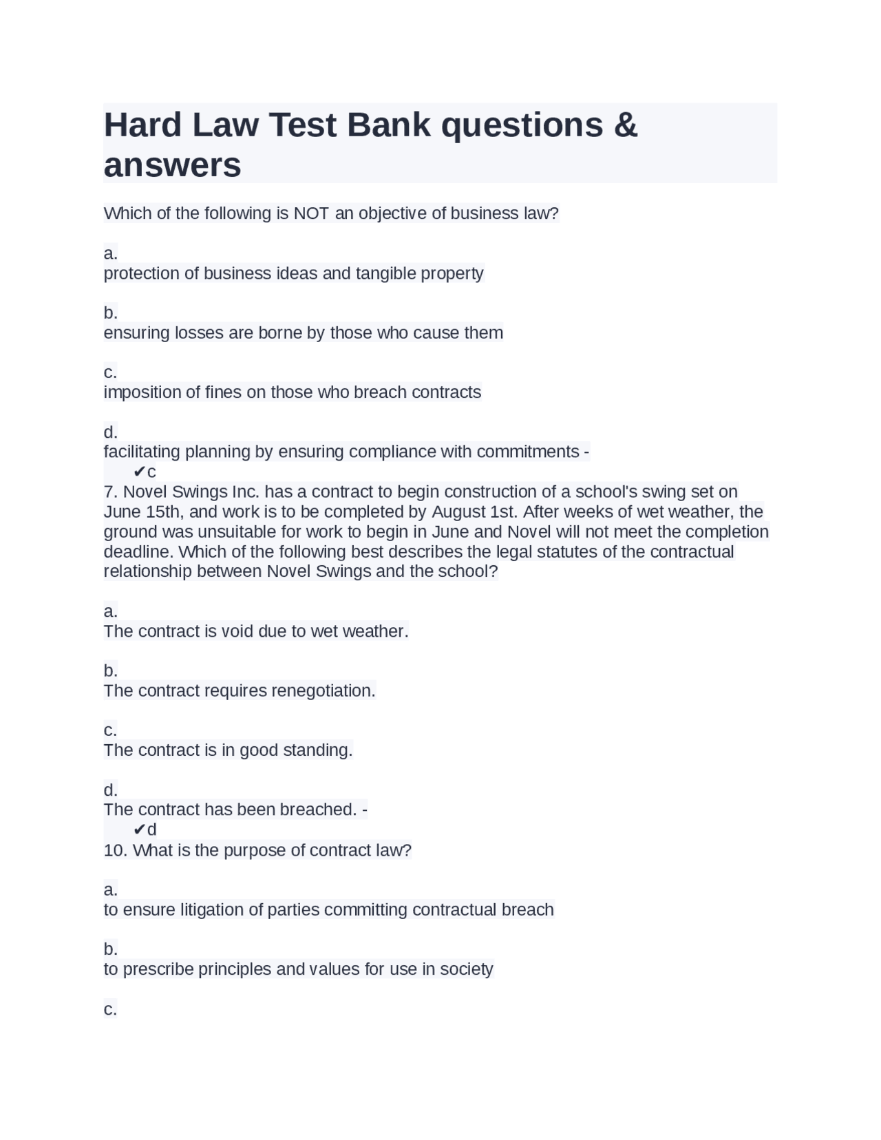 Hard Law Test Bank questions & answers | Exams Law | Docsity