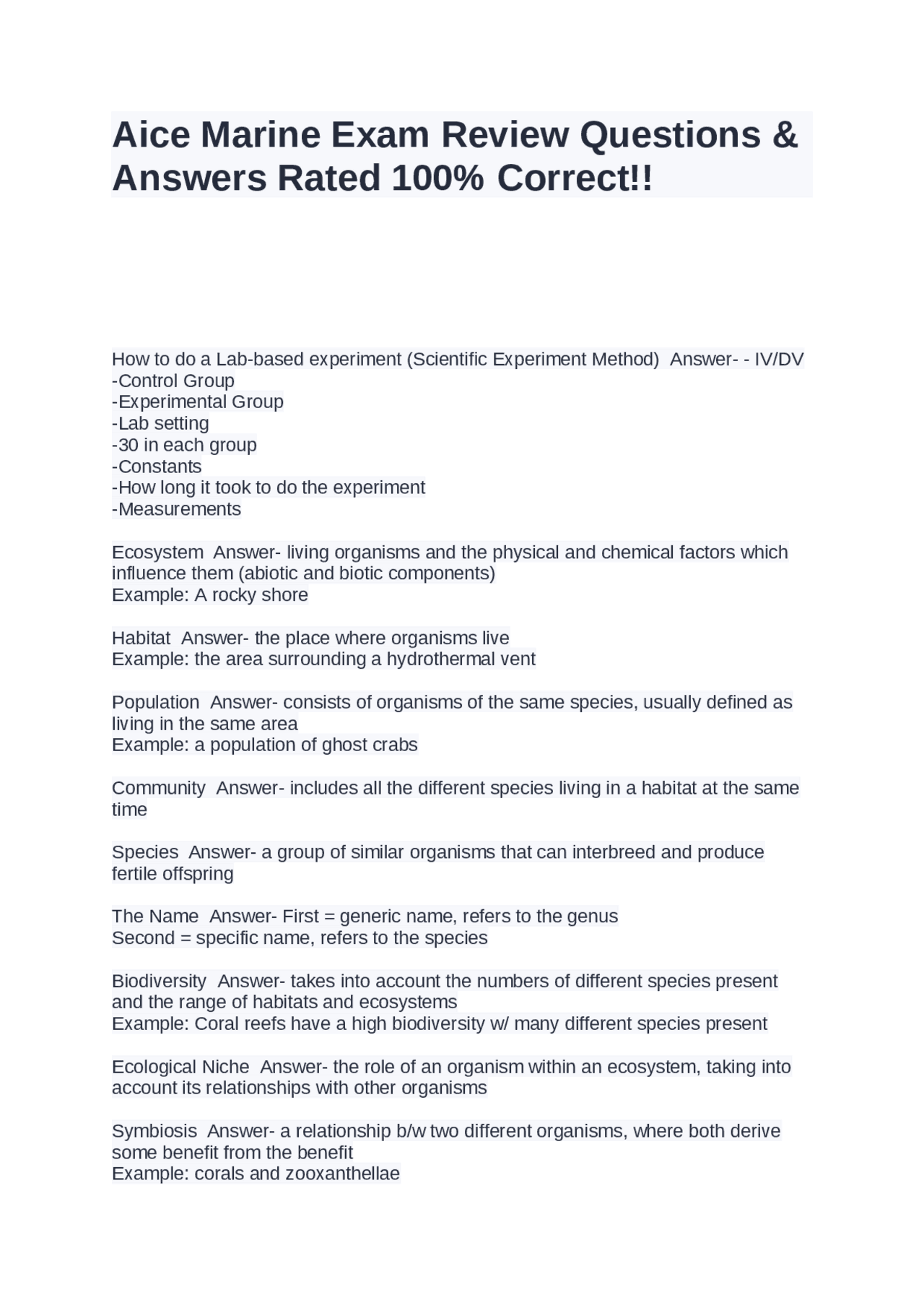 Aice Marine Exam Review Questions & Answers Rated 100% Correct ...
