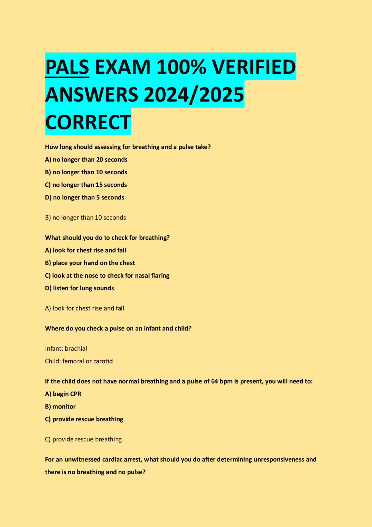 PALS EXAM 100% VERIFIED ANSWERS 2024/2025 CORRECT | Exams Nursing | Docsity
