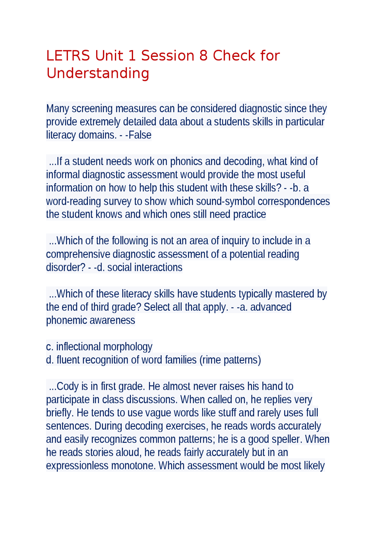 LETRS Unit 1 Session 8 Check for Better Understanding and Upgrading ...