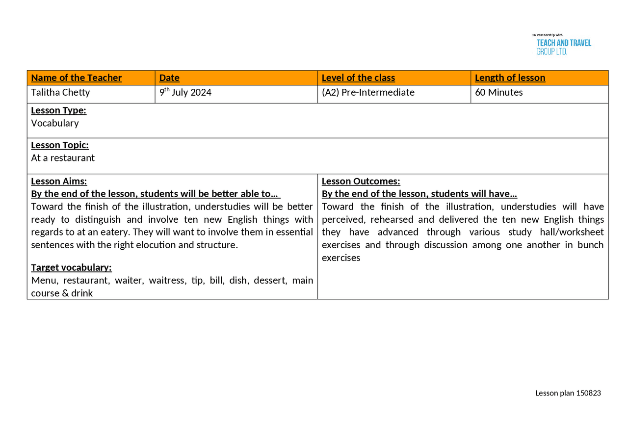 English Vocabulary Lesson Plan: At a Restaurant (Pre-Intermediate, 60 ...