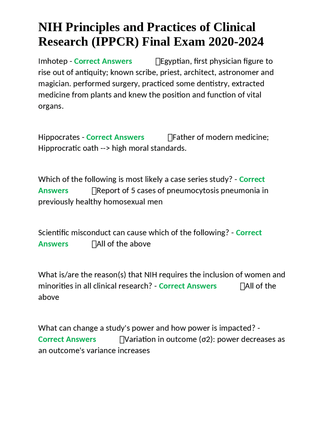 NIH Principles and Practices of Clinical Research (IPPCR) Final Exam 2020-2024 | Exams Nursing ...