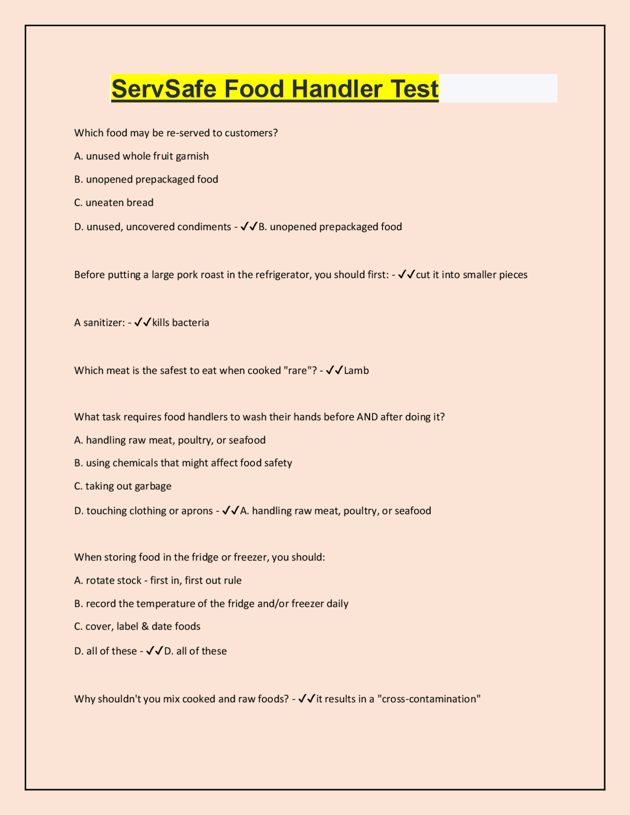 ServSafe Food Handler Test | Exams Food Science and Technology | Docsity