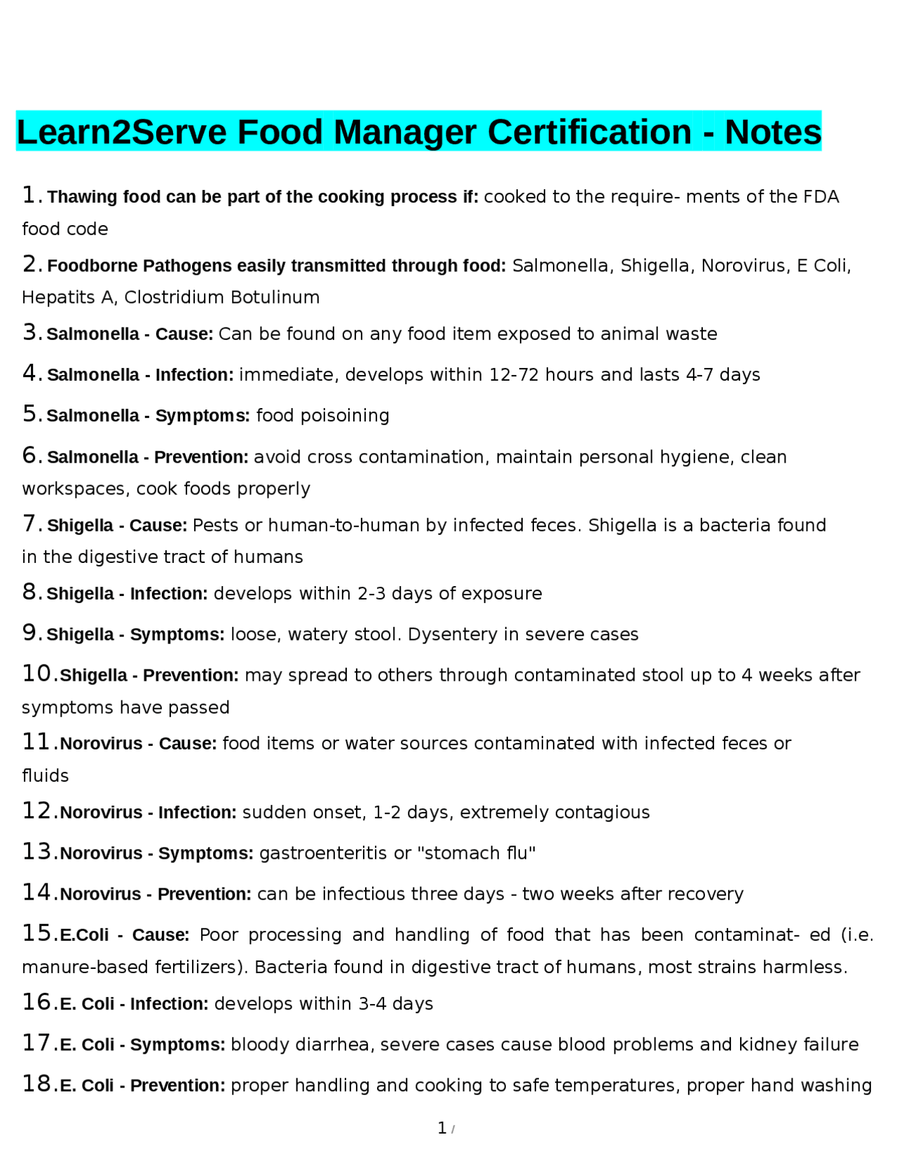 Learn2Serve Food Manager Certification - Notes | Exams Food science ...