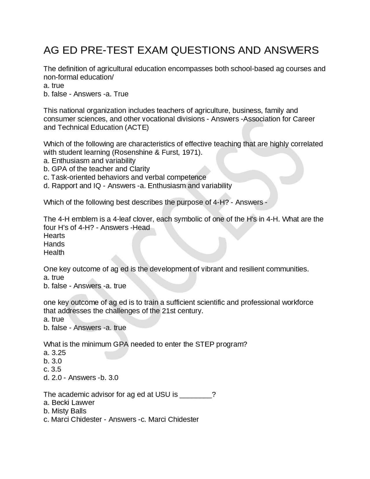 AG ED PRE-TEST EXAM QUESTIONS AND ANSWERS | Exams Agricultural ...