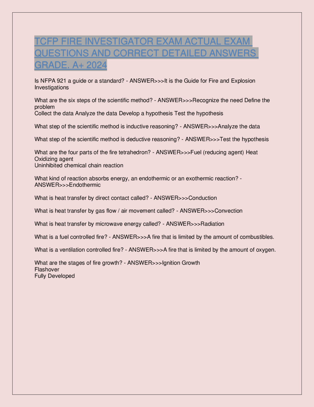 TCFP FIRE INVESTIGATOR EXAM ACTUAL EXAM QUESTIONS AND CORRECT DETAILED ...