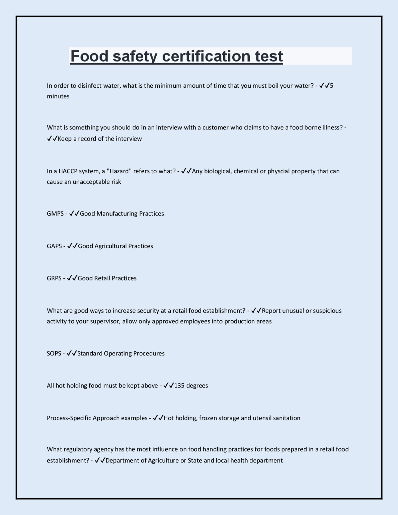 Food safety certification test questions with Answers A+ Verified ...