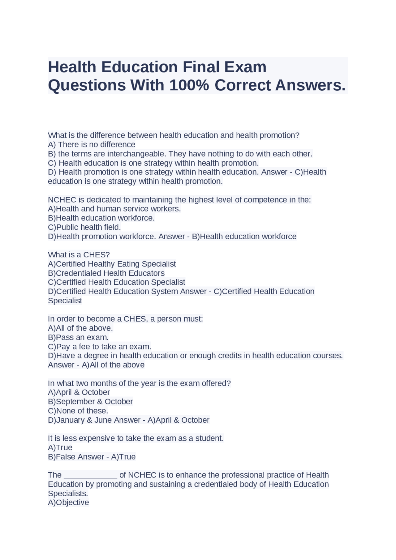 Health Education Final Exam Questions With 100% Correct Answers ...