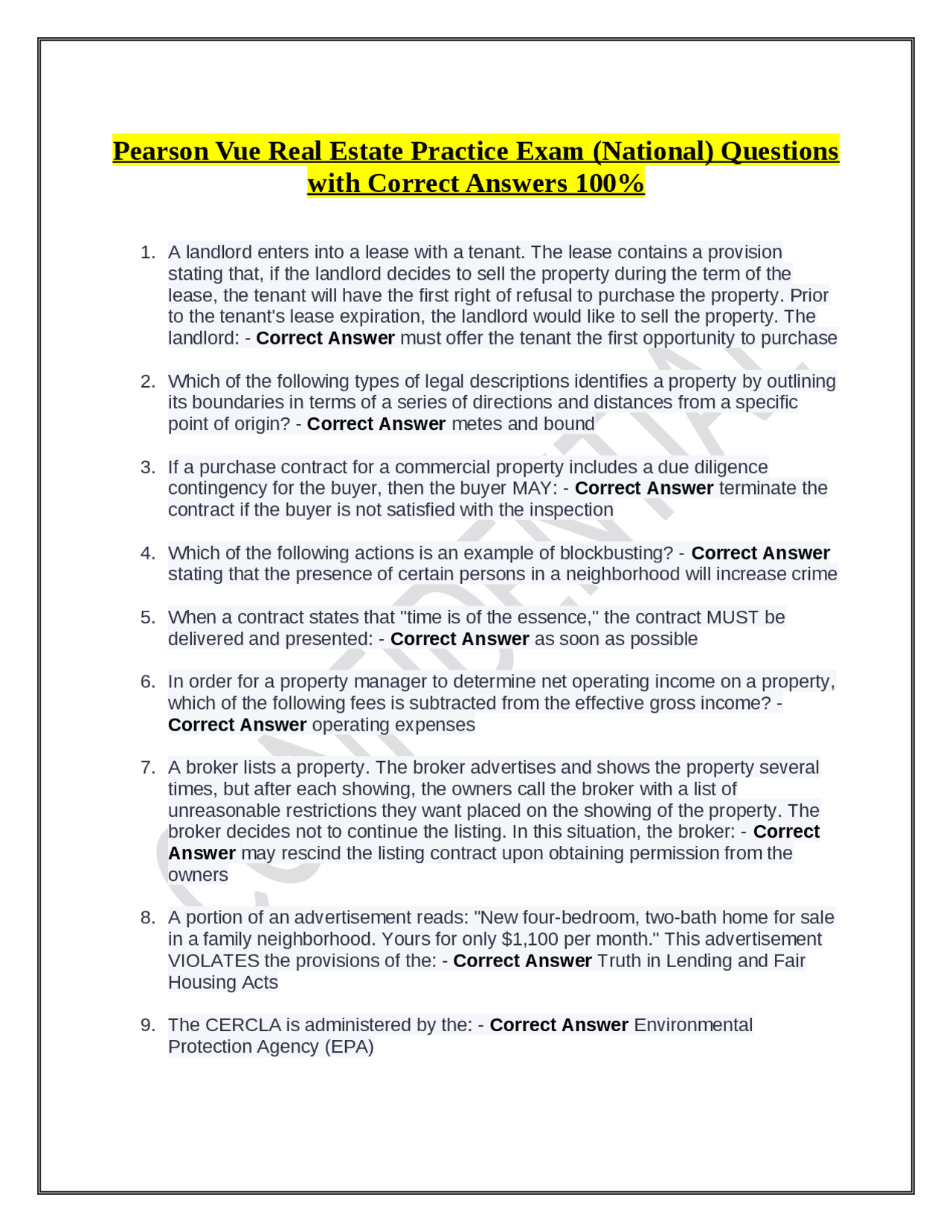Pearson Vue Real Estate Practice Exam (National) Questions with Correct ...