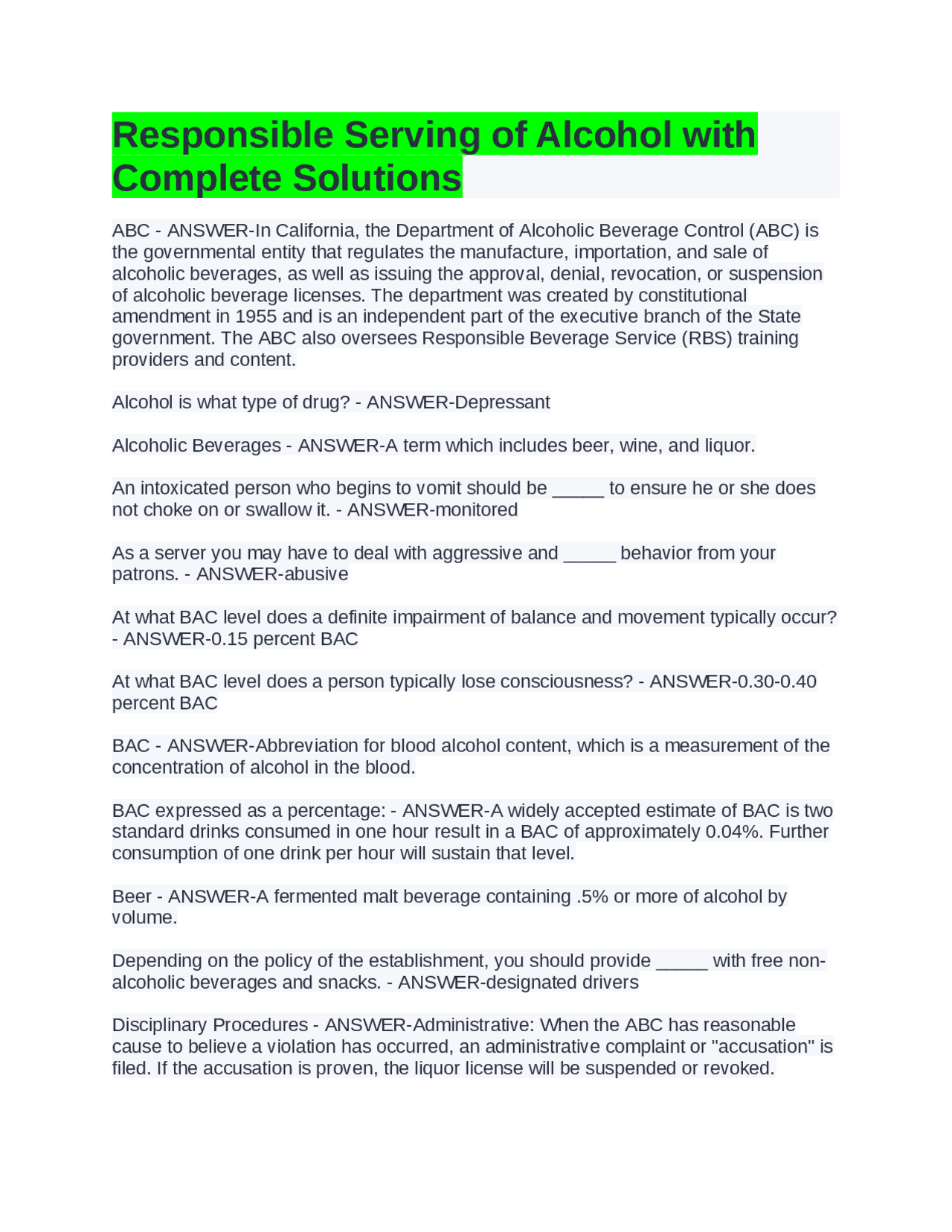 Responsible Serving of Alcohol with Complete Solutions | Exams ...