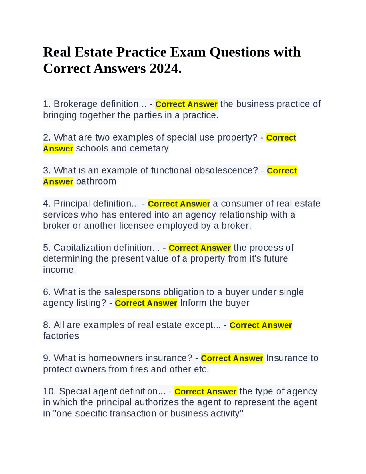 Real Estate Practice Exam Questions with Correct Answers 2024. | Exams ...