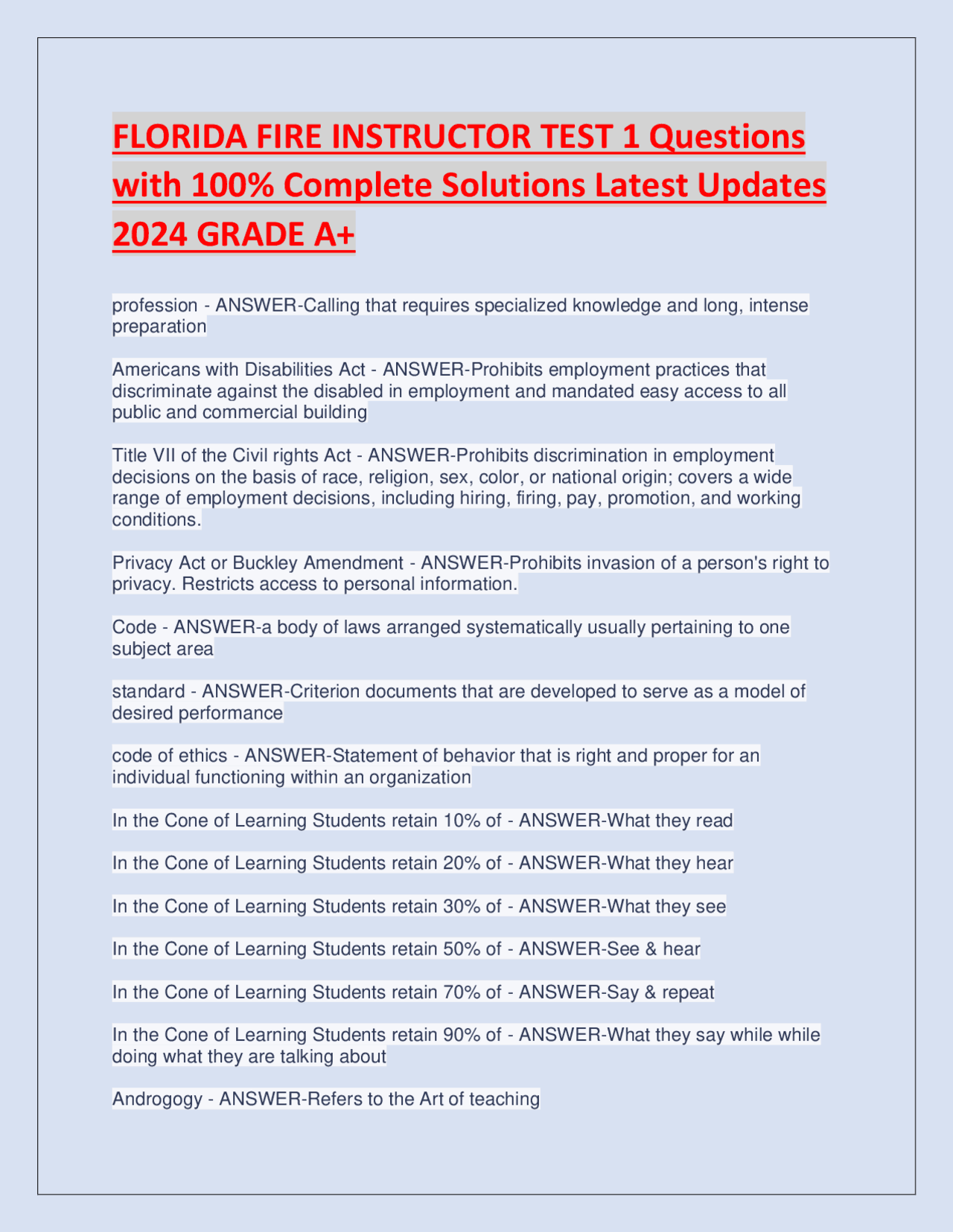 FLORIDA FIRE INSTRUCTOR TEST 1 Questions with 100% Complete Solutions ...