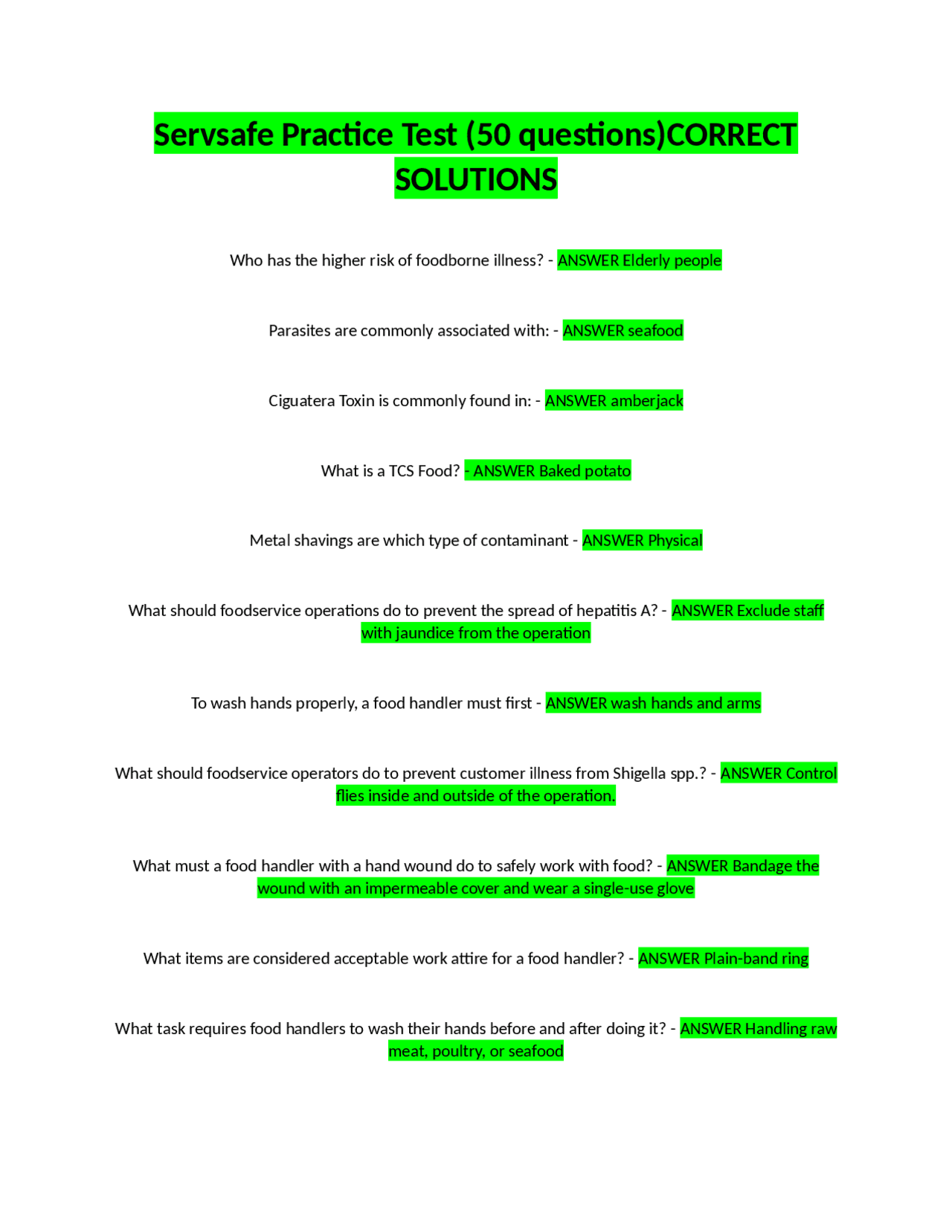 Servsafe Practice Test (50 questions)CORRECT SOLUTIONS | Exams ...