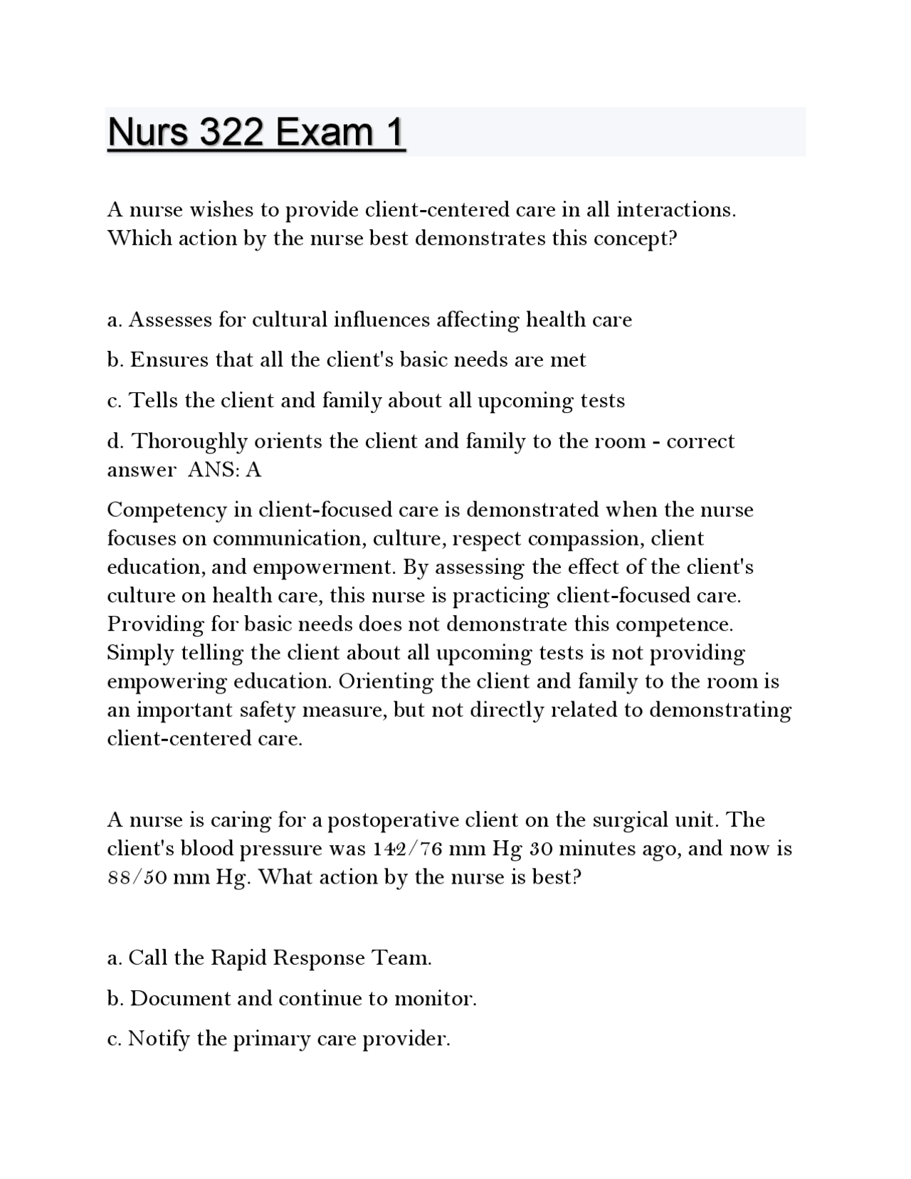 Nurs 322 Exam 1 Question And Solution Paper 2024/2025 | Exams Nursing ...