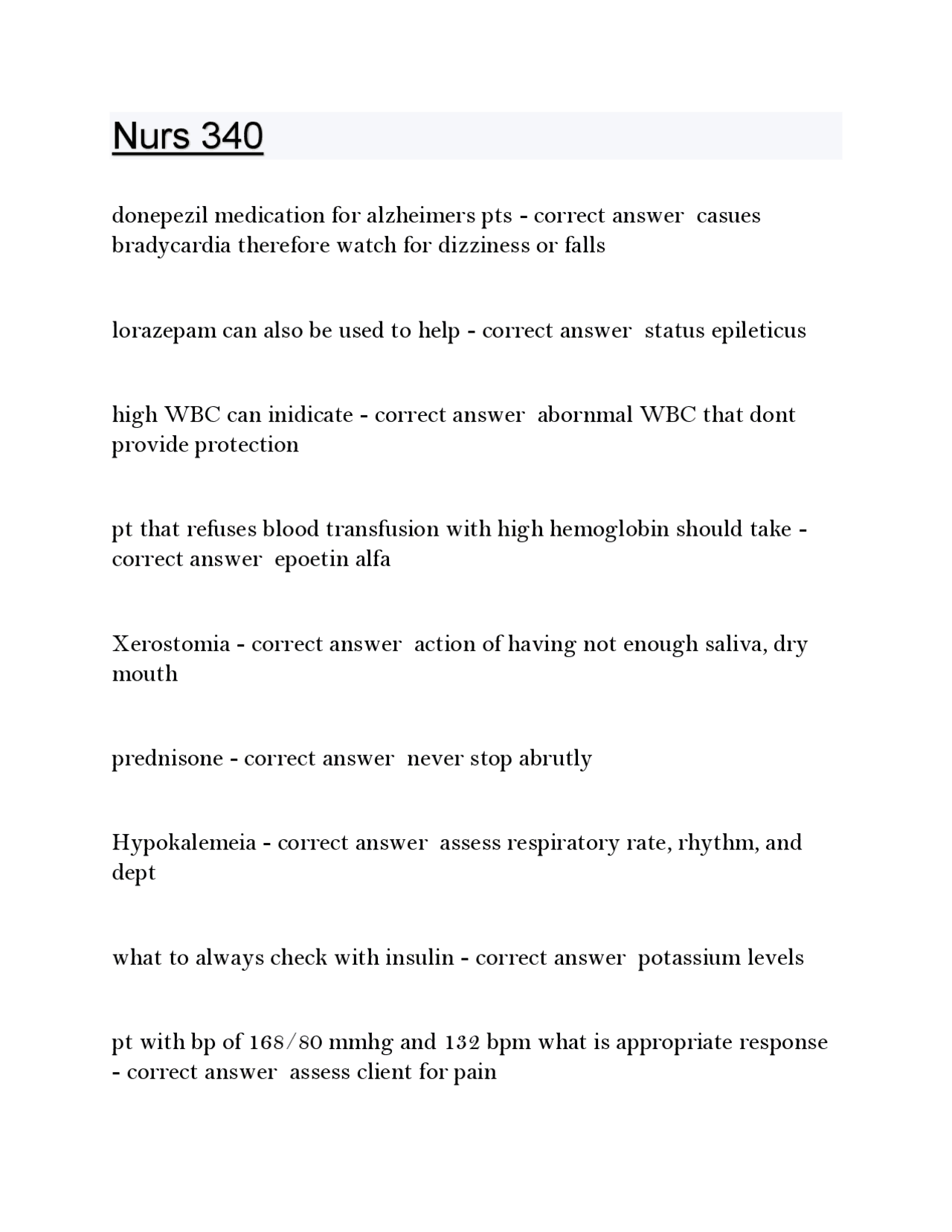 Nurs 340 Question And Solution Paper 2024/2025 | Exams Nursing | Docsity