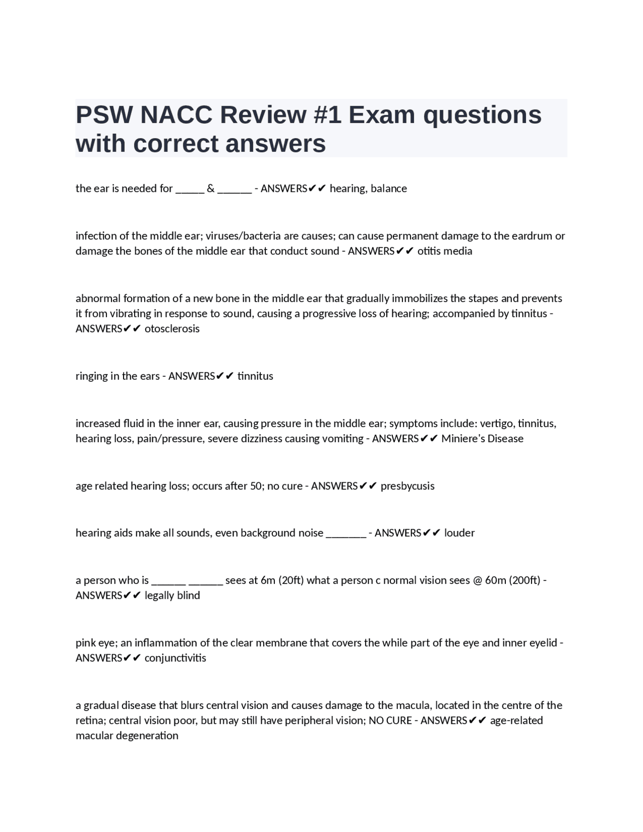 PSW NACC Review #1 Exam questions with correct answers. | Exams Nursing ...
