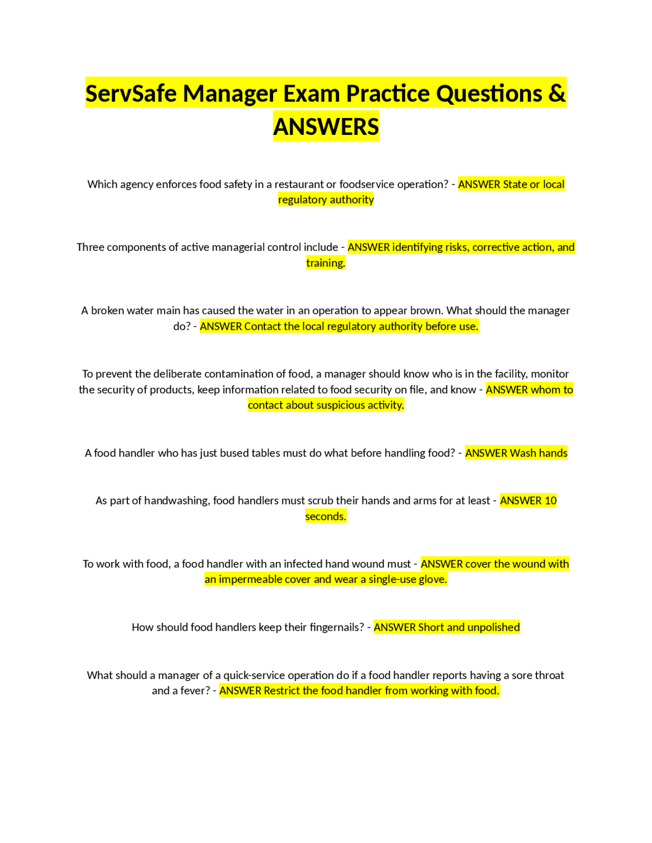 ServSafe Manager Exam Practice Questions & ANSWERS | Exams Nutrition ...