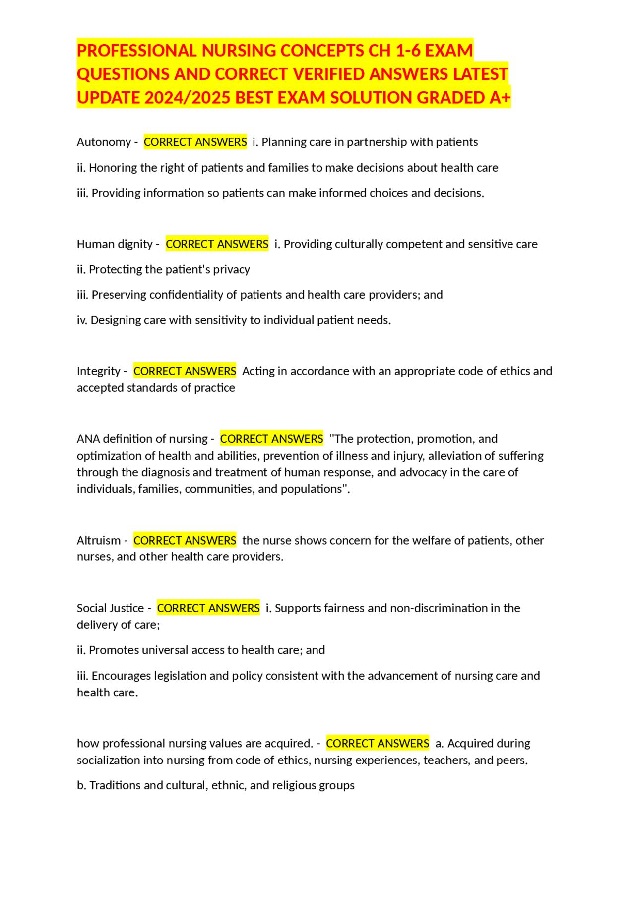 Professional Nursing Concepts Ch 1 6 Exam Questions And Correct Verified Answers Latest Up