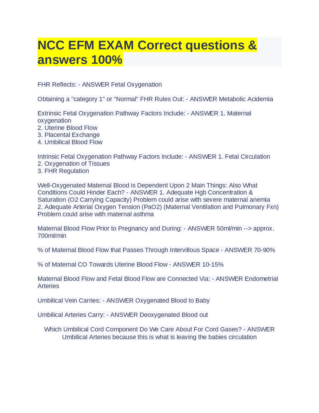 NCC EFM EXAM Correct questions & answers 100% | Exams Nursing | Docsity