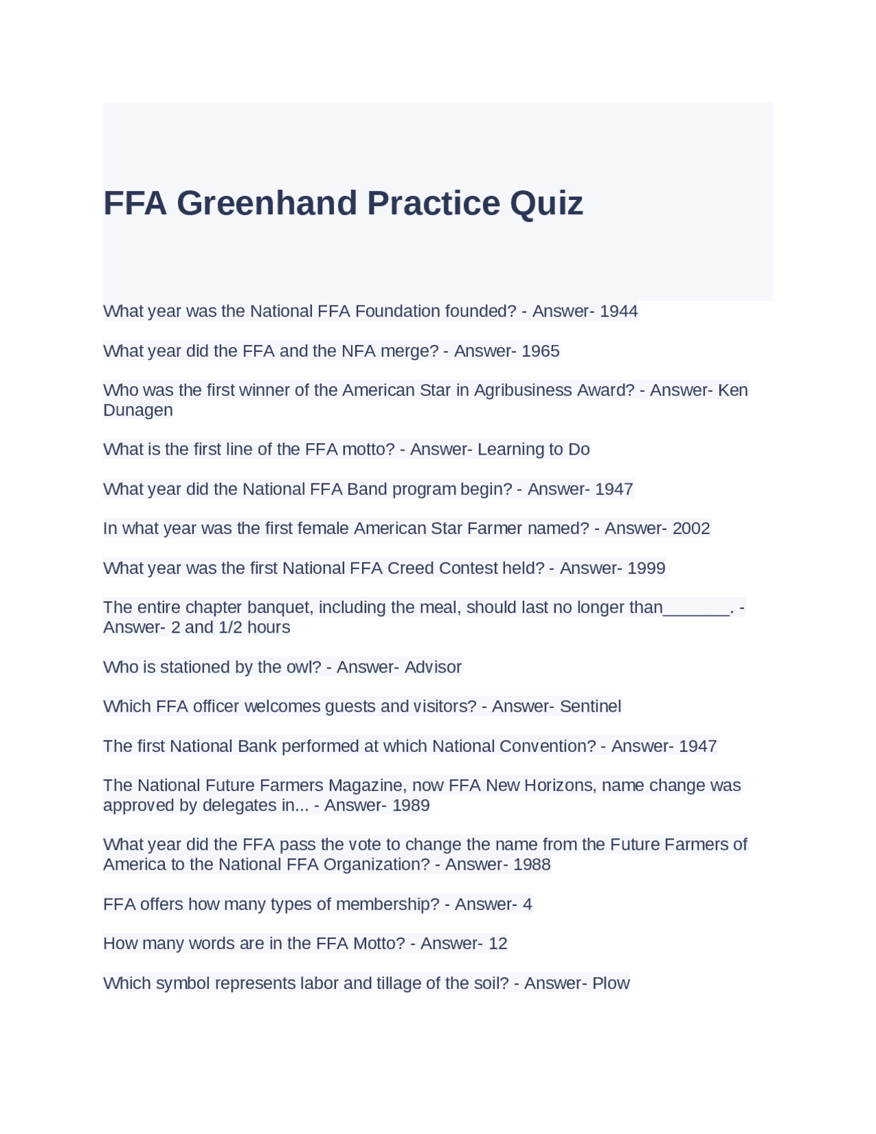 FFA Greenhand Practice Quiz with complete solutions | Exams Nursing ...