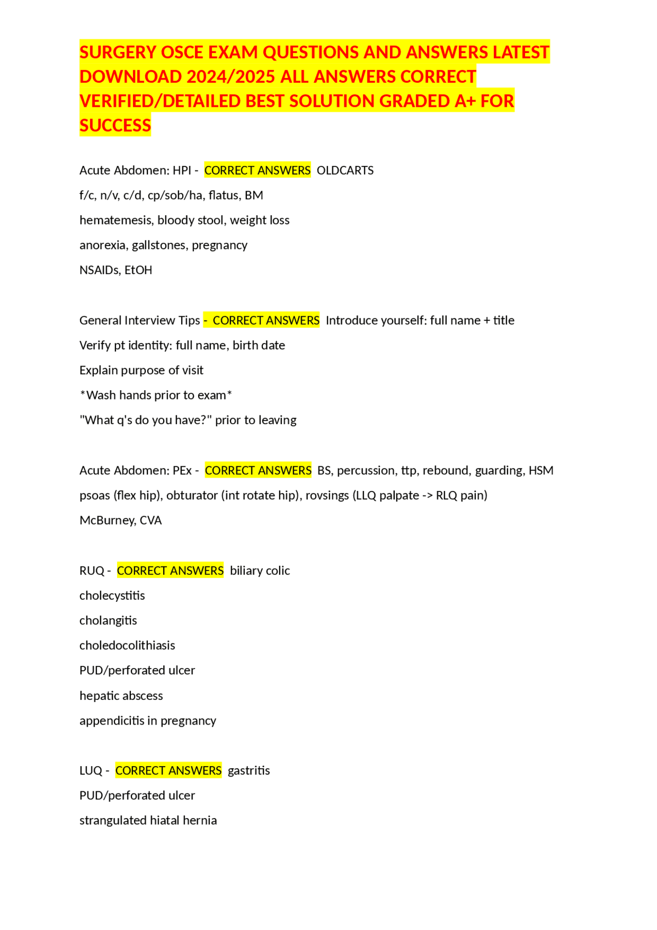 SURGERY OSCE EXAM QUESTIONS AND ANSWERS LATEST DOWNLOAD 2024/2025 ALL ...