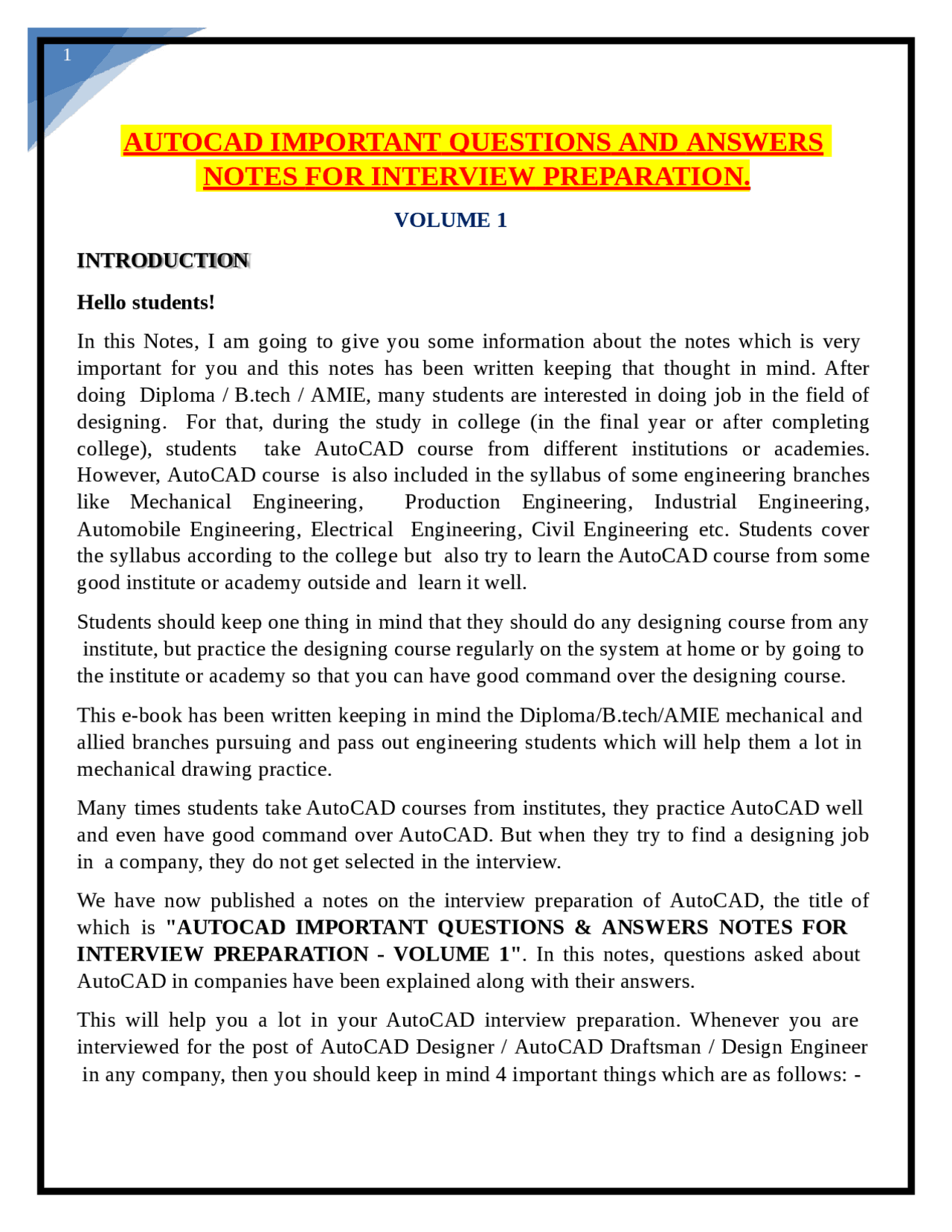 AUTOCAD IMPORTANT QUESTIONS AND ANSWERS NOTES FOR INTERVIEW PREPARATION ...