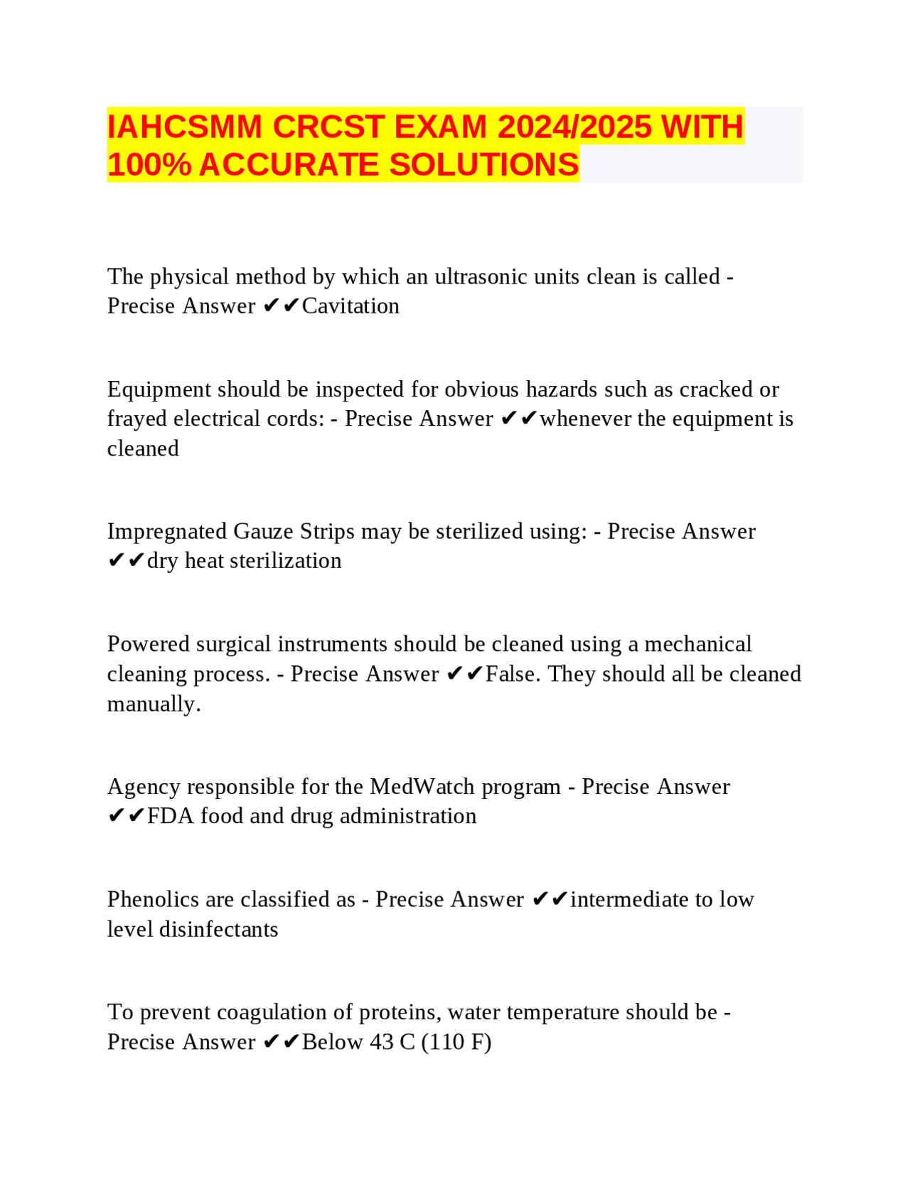 IAHCSMM CRCST EXAM 2024/2025 WITH 100% ACCURATE SOLUTIONS | Exams ...