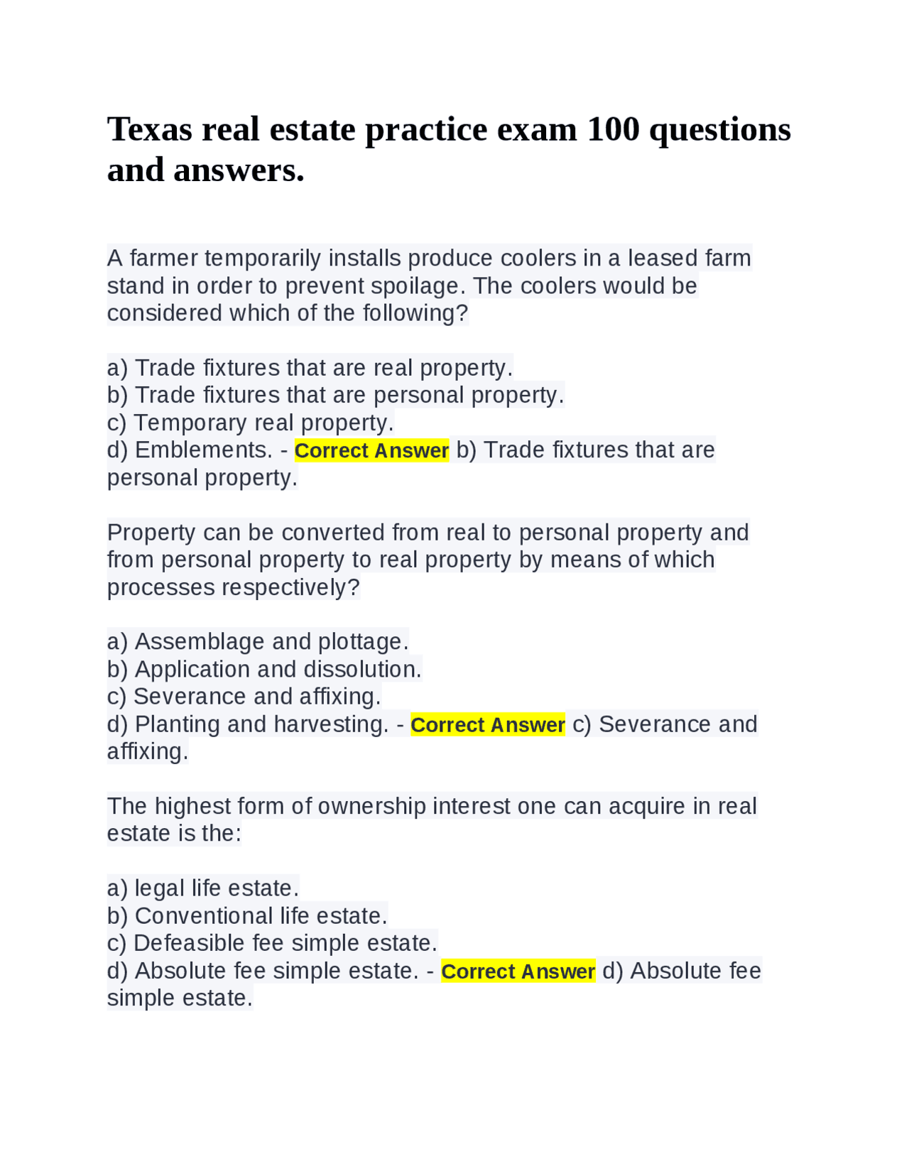 texas real estate practice exam 100 questions and answers. | Exams Real ...