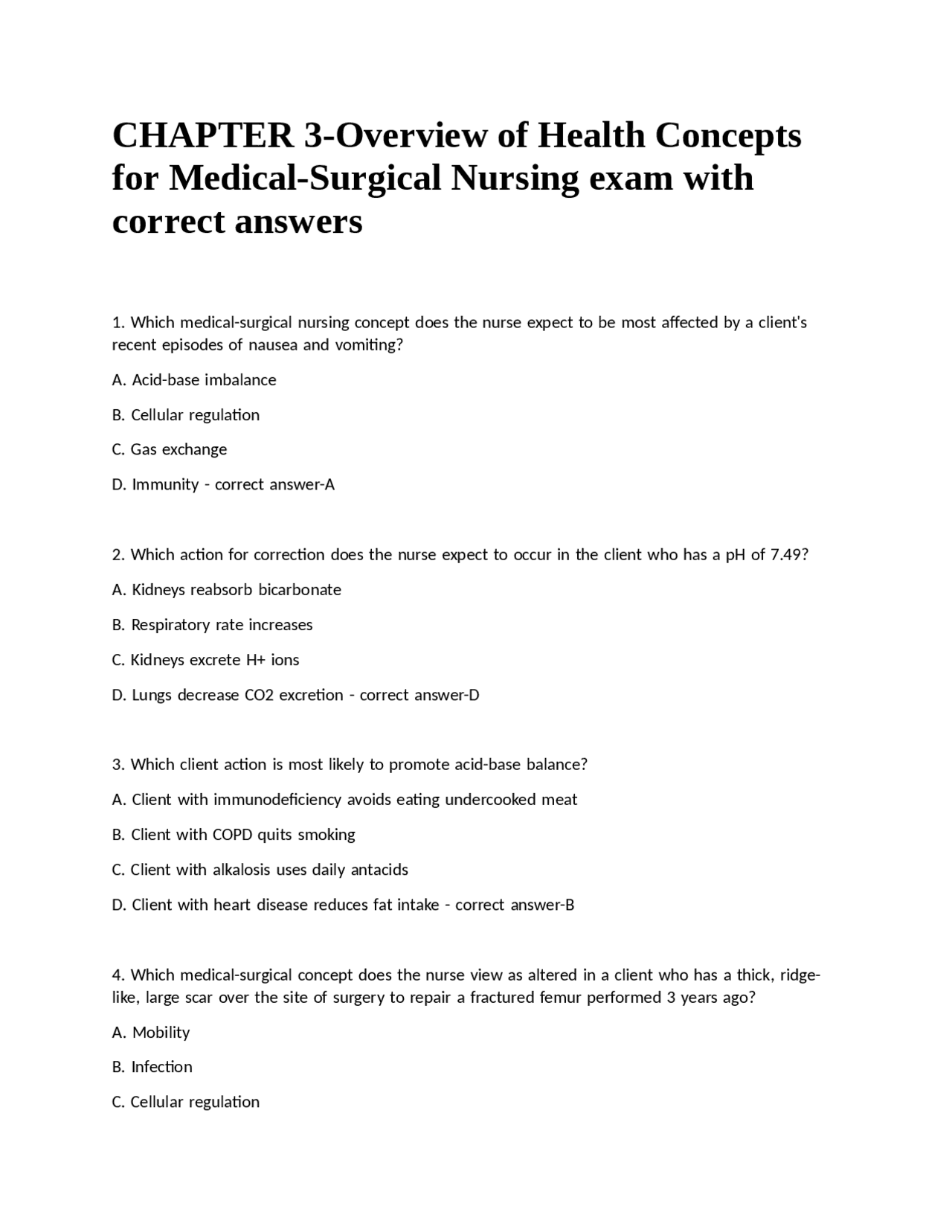 CHAPTER 3-Overview of Health Concepts for Medical-Surgical Nursing exam ...
