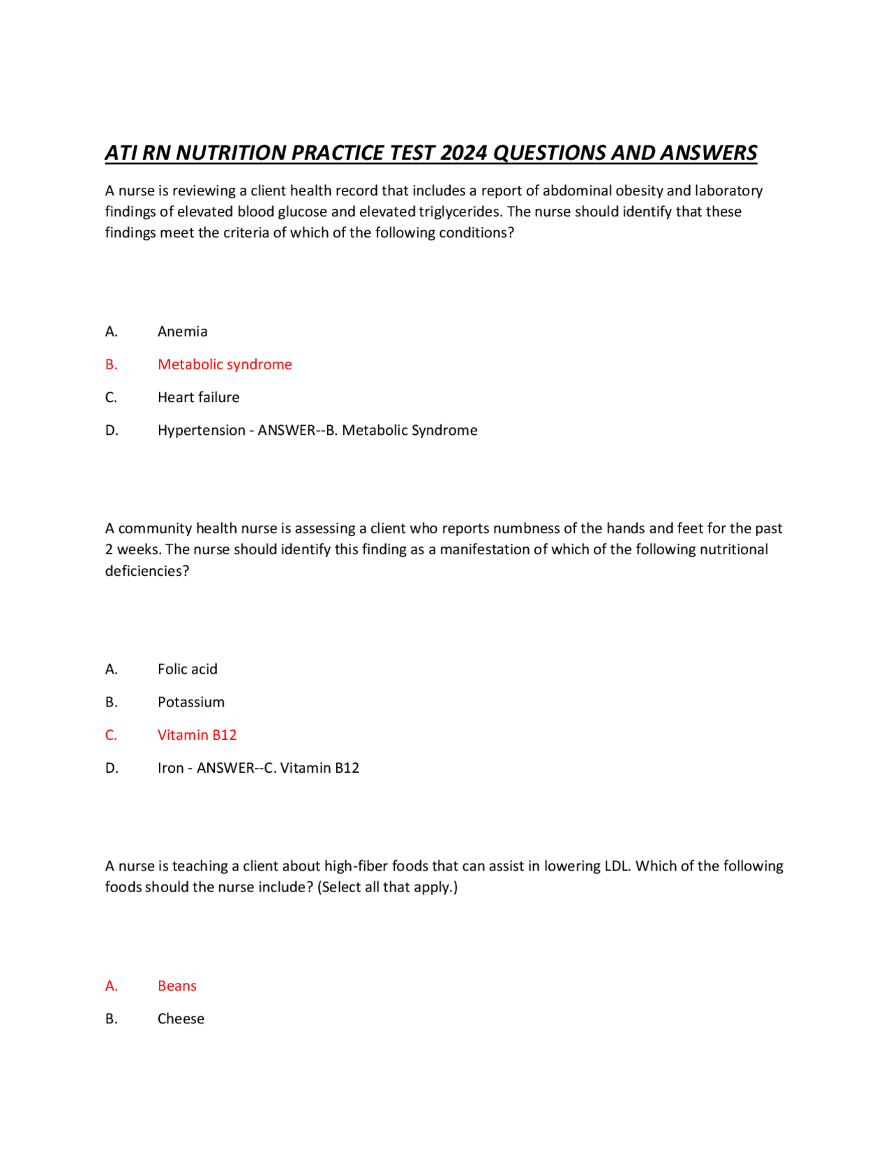 ATI RN NUTRITION PRACTICE TEST 2024 QUESTIONS AND ANSWERS | Exams ...